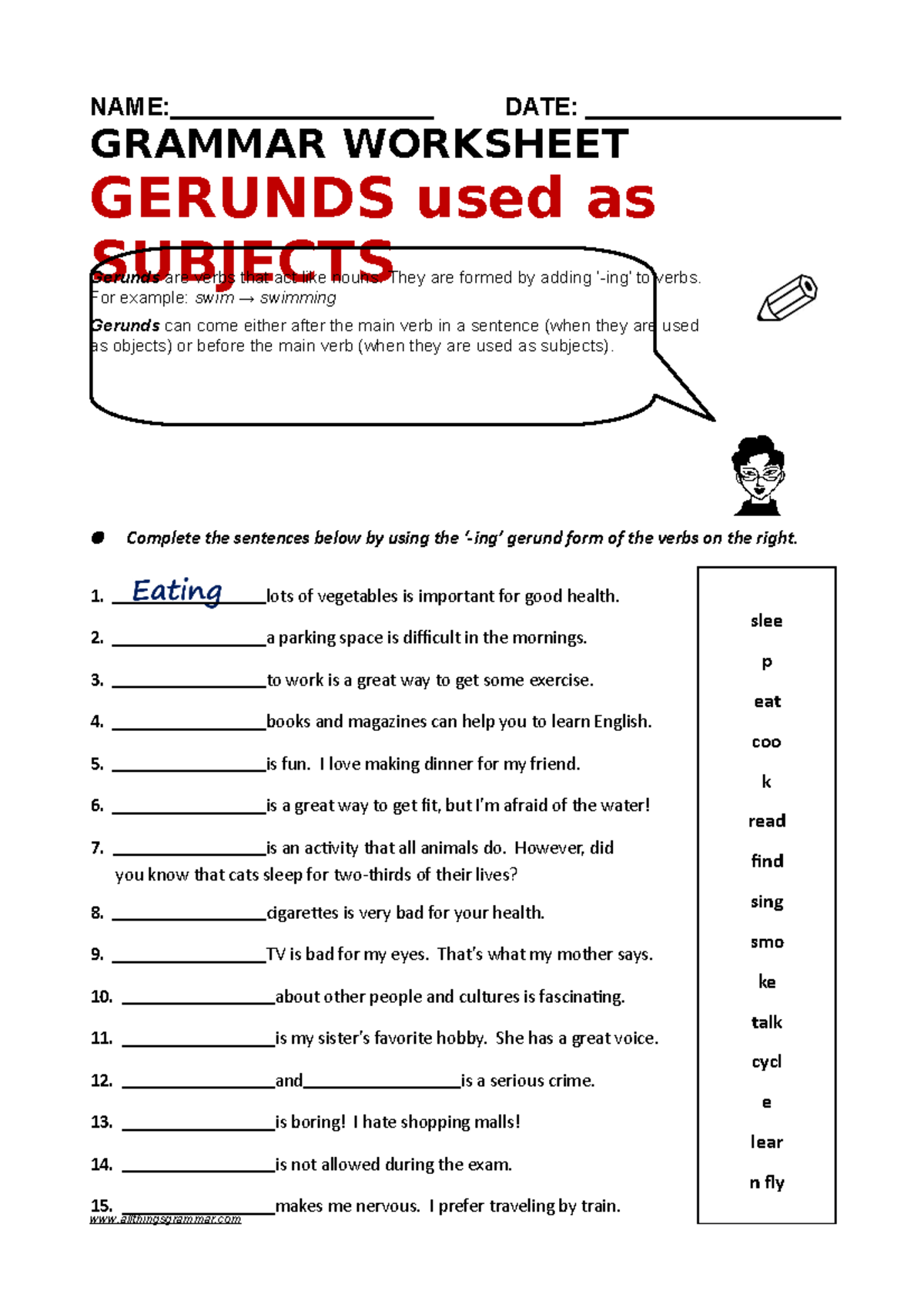 Gerunds as subjects English VI - NAME: DATE: GRAMMAR WORKSHEET GERUNDS ...