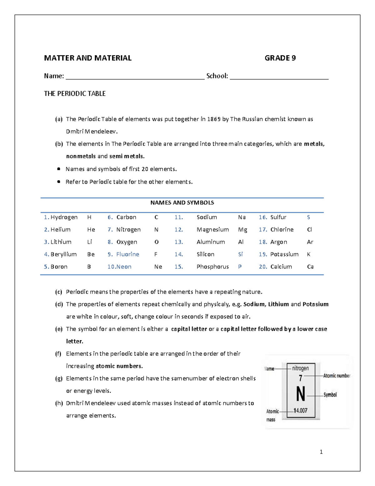 Grade 9 Notes AND Worksheets - MATTER AND MATERIAL GRADE 9 Name: - Studocu