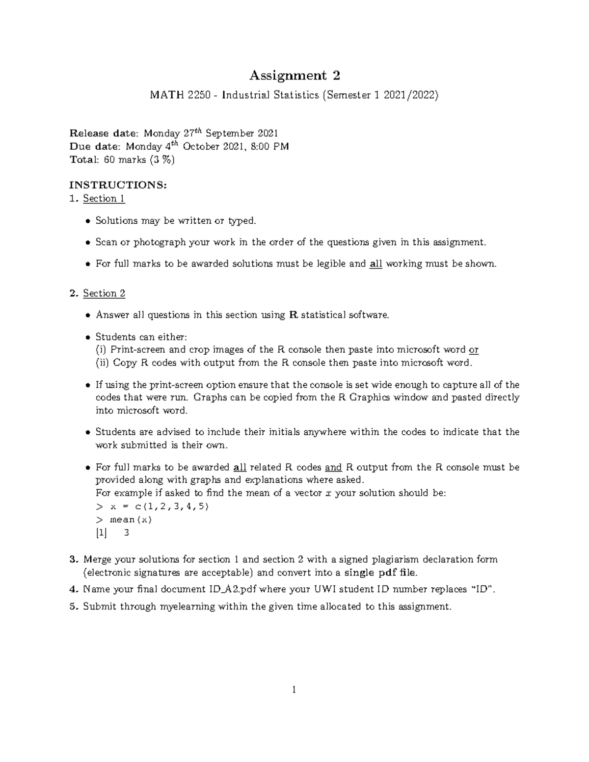 MATH 2250 2021 Assignment 2 - Assignment 2 MATH 2250 - Industrial ...