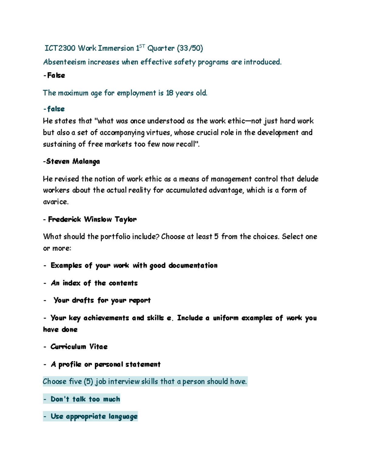 ICT2300 Work Immersion 1ST Quarter Exam - ICT2300 Work Immersion 1ST ...