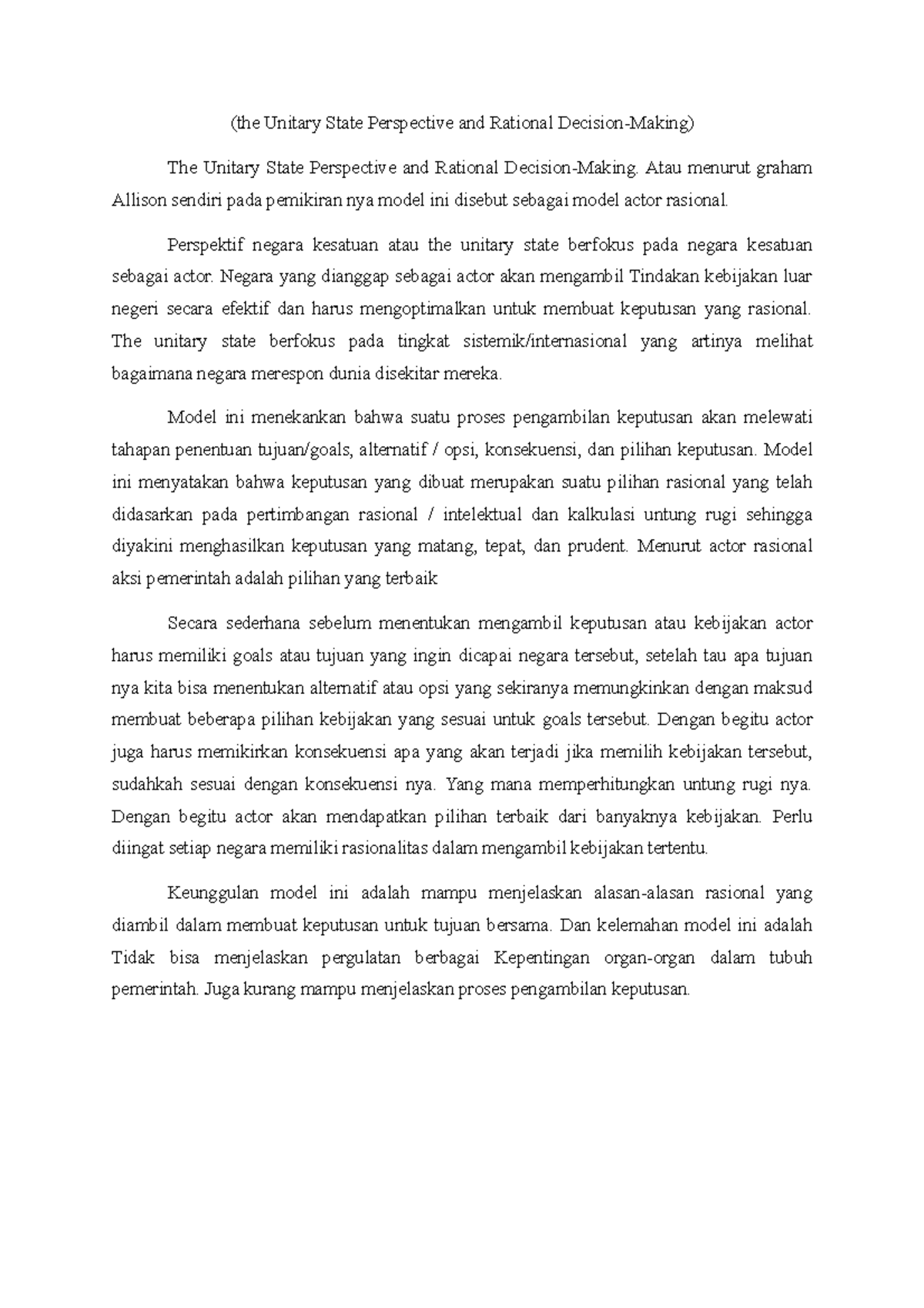 The Unitary State Perspective and Rational Decision - (the Unitary ...