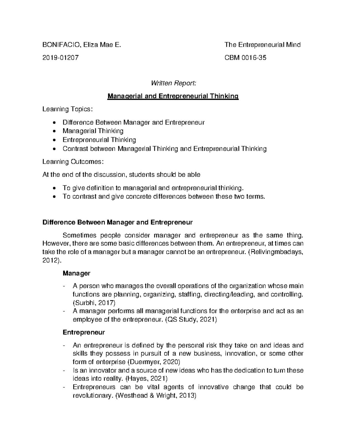 Lesson 1.6 - Managerial and Entrepreneurial Thinking - BONIFACIO, Eliza ...