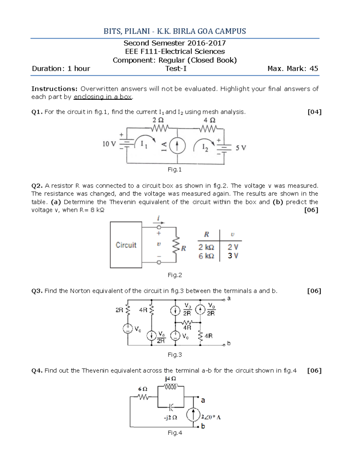 EEE F111-Test-I Question paper - electrical sciences - BITS Pilani ...