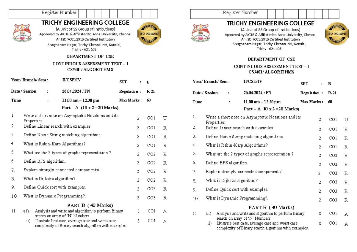 8 Cs3401 Cat 1 B Register Number Trichy Engineering College A Unit Of Ss Group Of