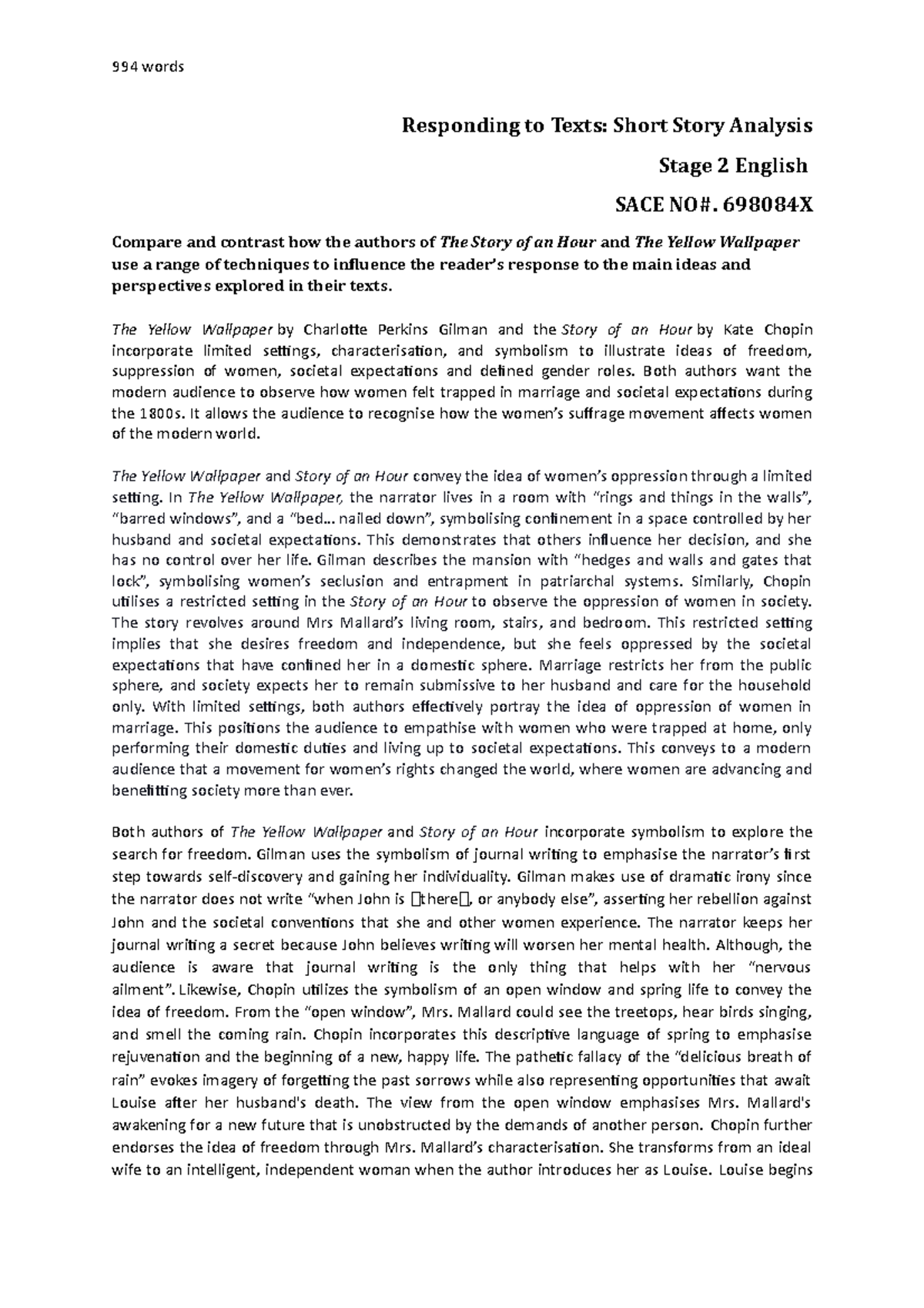 The Yellow Wallpaper and the Story of an Hour Stage 2 Comparative Task ...