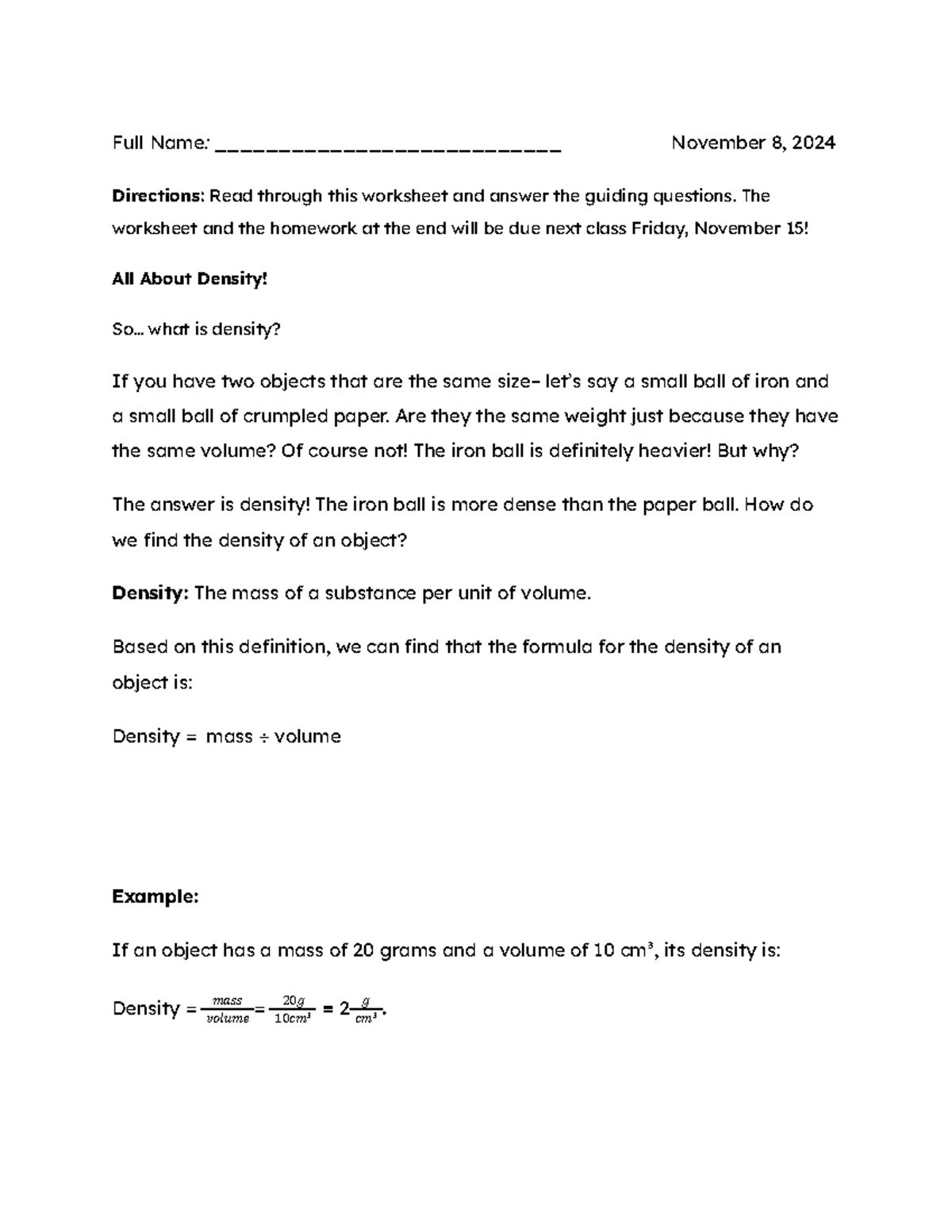 6th Grade Science Worksheet - Full Name ...
