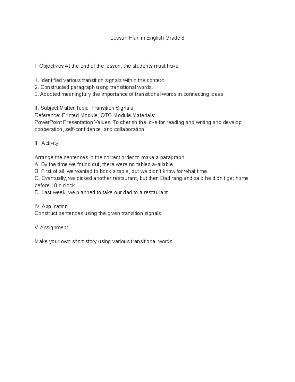 Lesson Plan In English Grade 8 Objectives At The End Of The Lesson