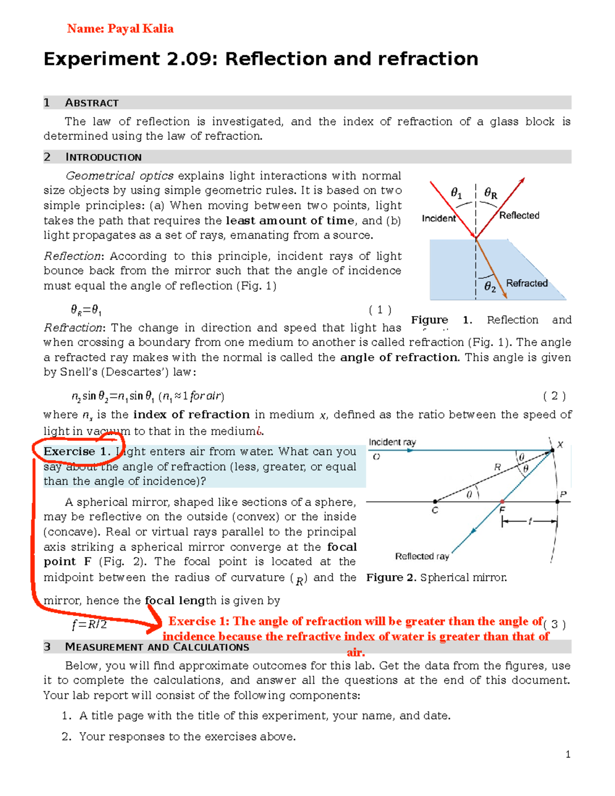 Phys II Exp09-Winter 20nodata - Experiment 2: Reflection and refraction 1 ABSTRACT The law of ...