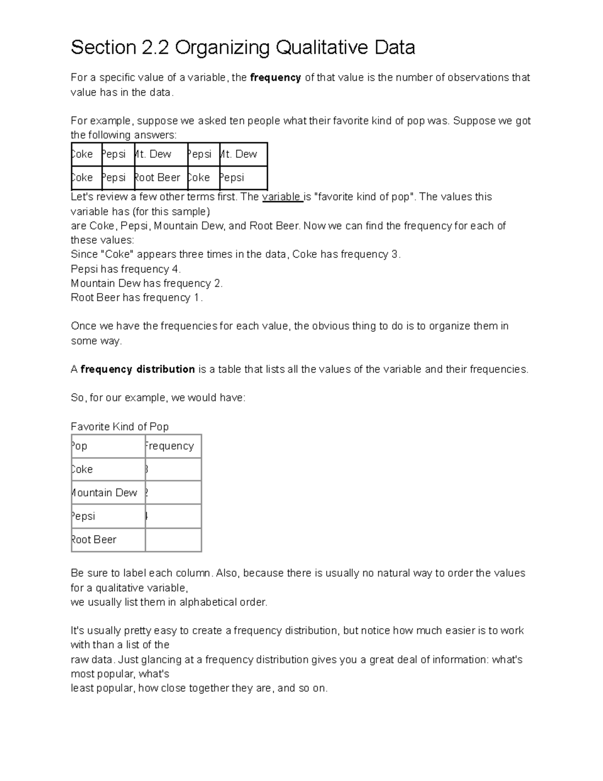 Stats Notes 2.2 - Section 2 Organizing Qualitative Data For a specific ...
