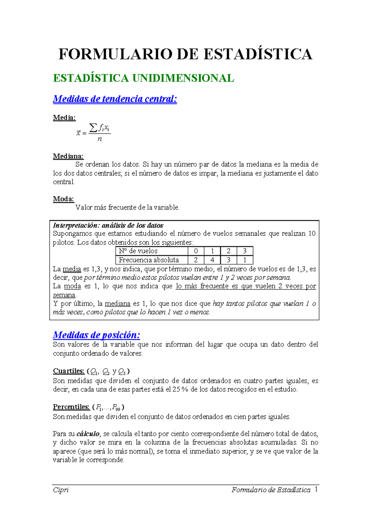 F-Formulario de Estadistica-Para ESO - Cipri Formulario de EstadÌstica 1 FORMULARIO DE ...