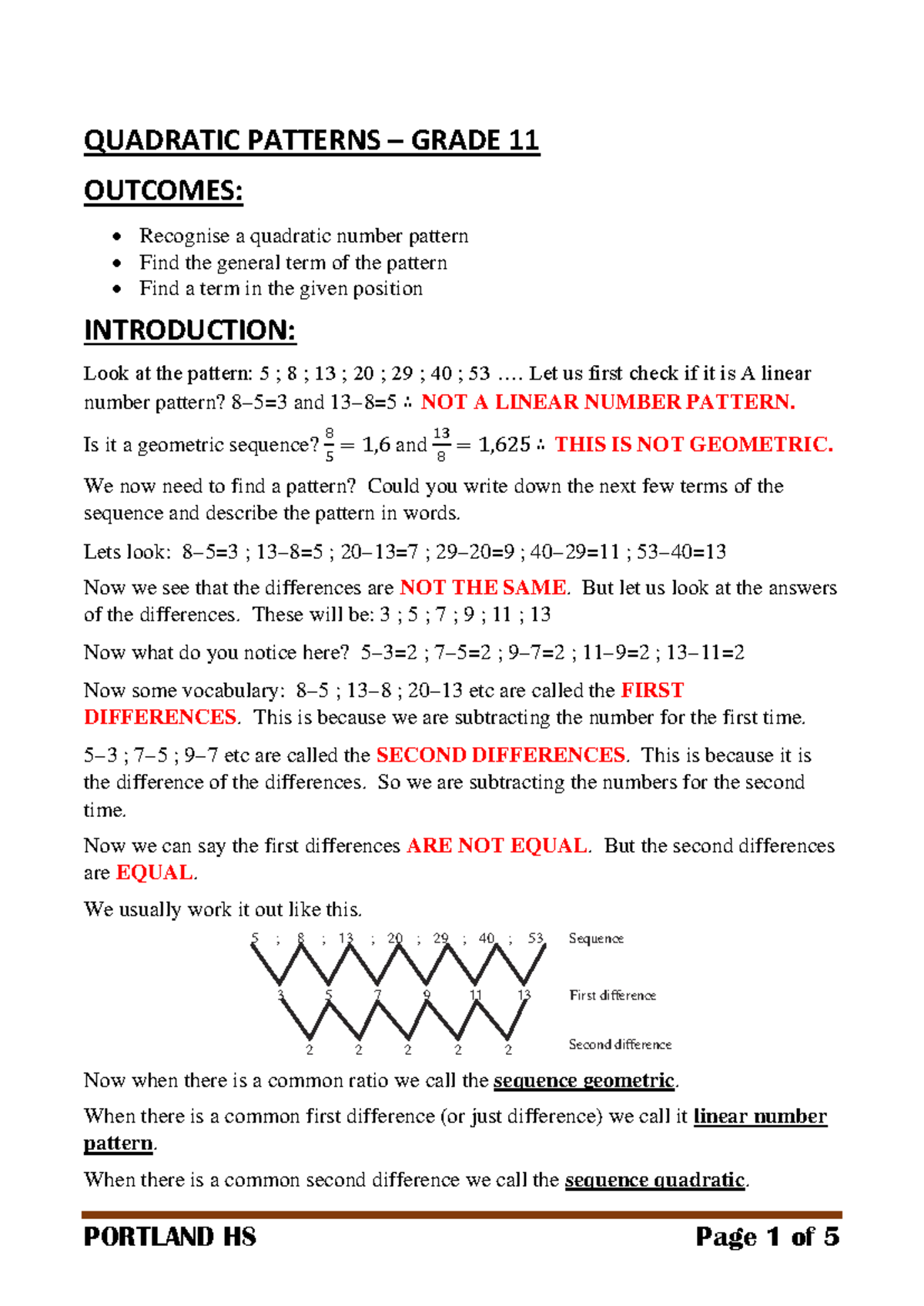 Quadratic Patterns Grade 11 2024 - QUADRATIC PATTERNS – GRADE 11 ...