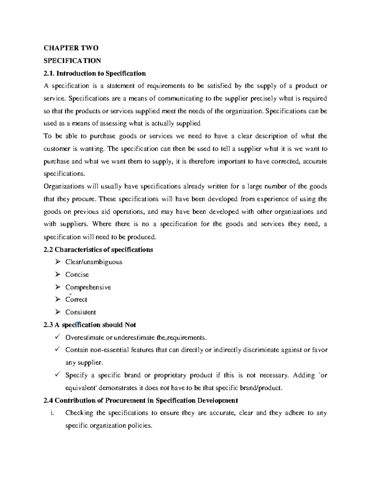 Chapter 2 Procurement specification - CHAPTER TWO SPECIFICATION ...