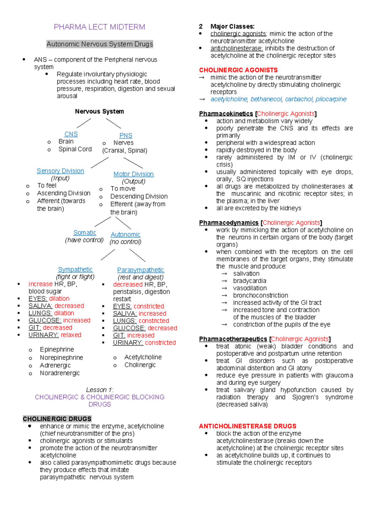 PHARMA LECT MIDTERM (BSN) - PHARMA LECT MIDTERM Autonomic Nervous System Drugs ANS – component ...