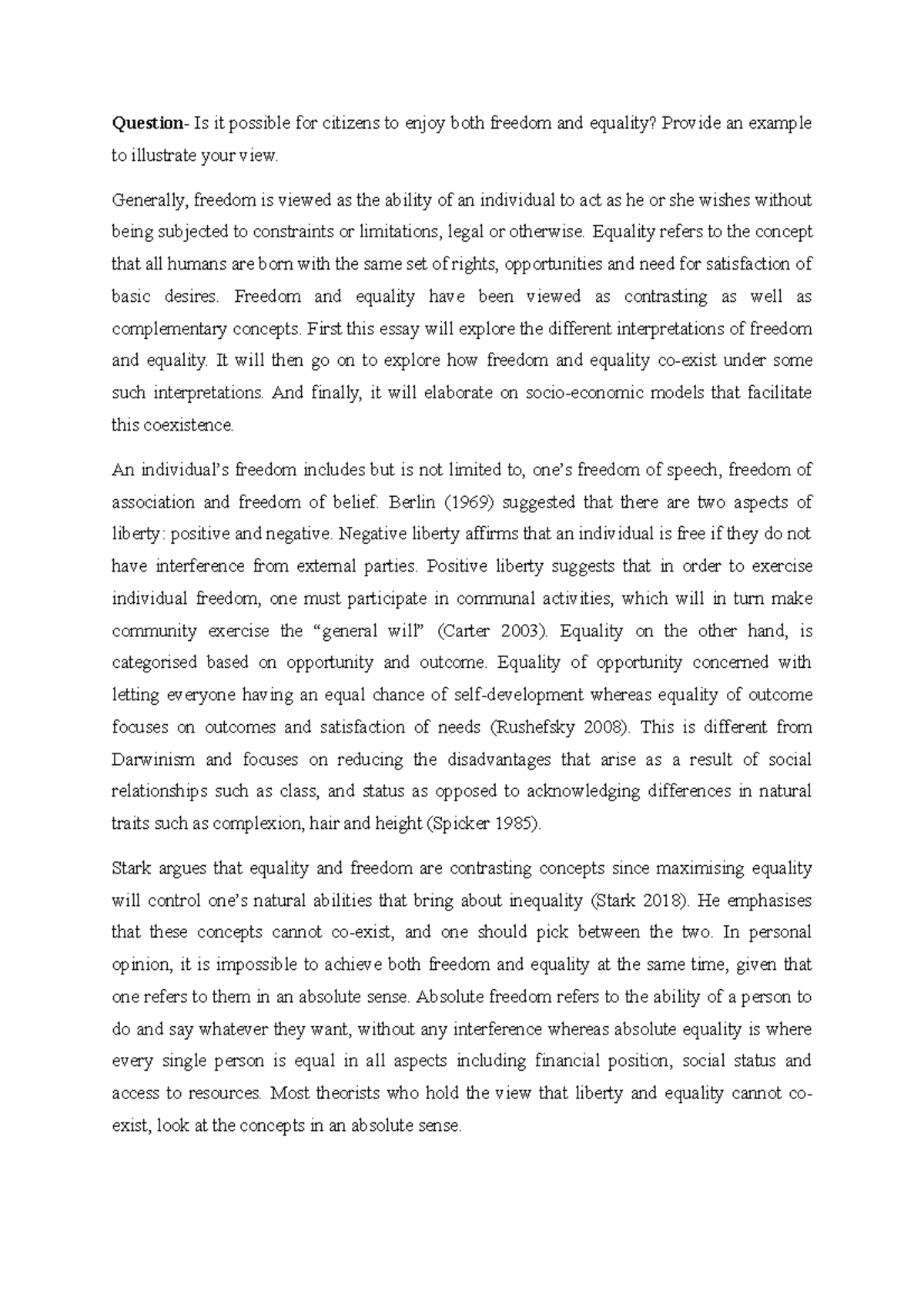 Minor Essay HPP 101 - Question- Is it possible for citizens to enjoy ...