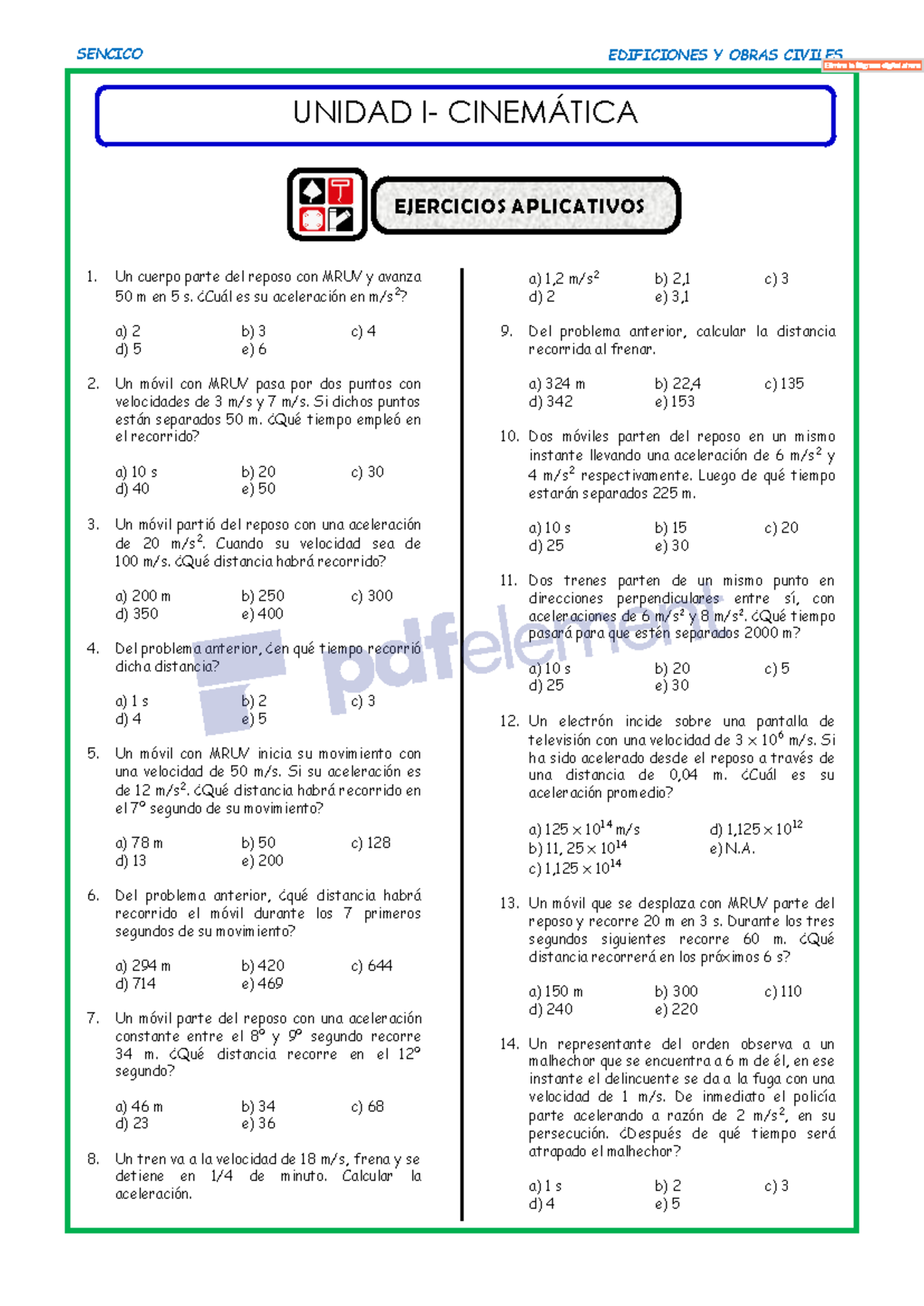 Ejercicios DE Cinemática MRUV - SENCICO UNIDAD I- CINEMÁTICA Un cuerpo ...