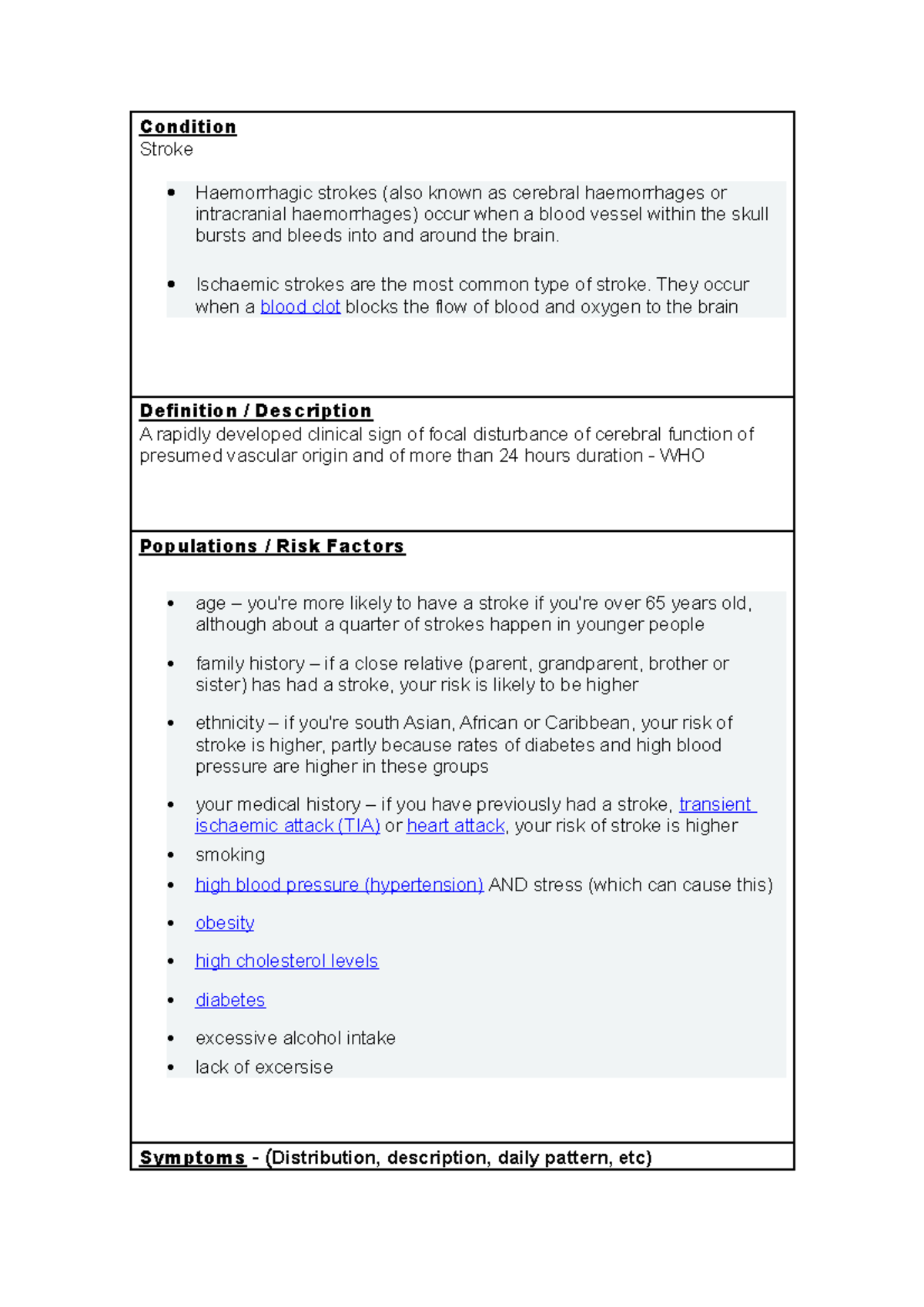 Stroke - Clinical Patterns sheet - Condition Stroke Haemorrhagic ...