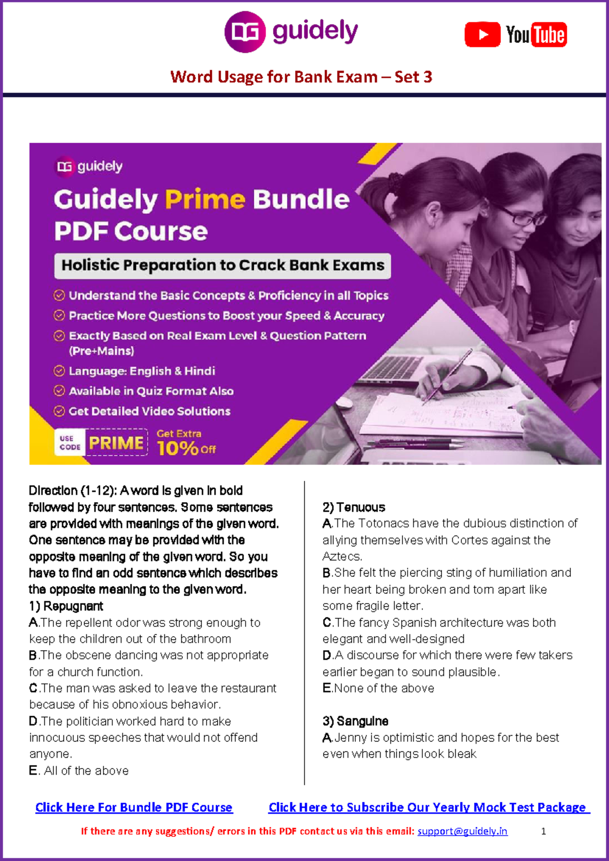 Word usage free pdf set 3 for bank prelims exam - Direction (1-1 2 ): A ...