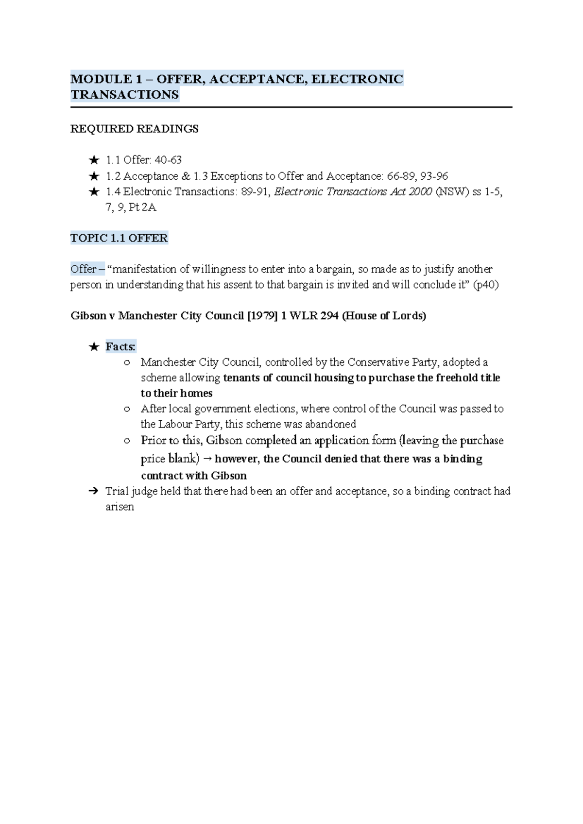 Module 1 - MODULE 1 – OFFER, ACCEPTANCE, ELECTRONIC TRANSACTIONS ...