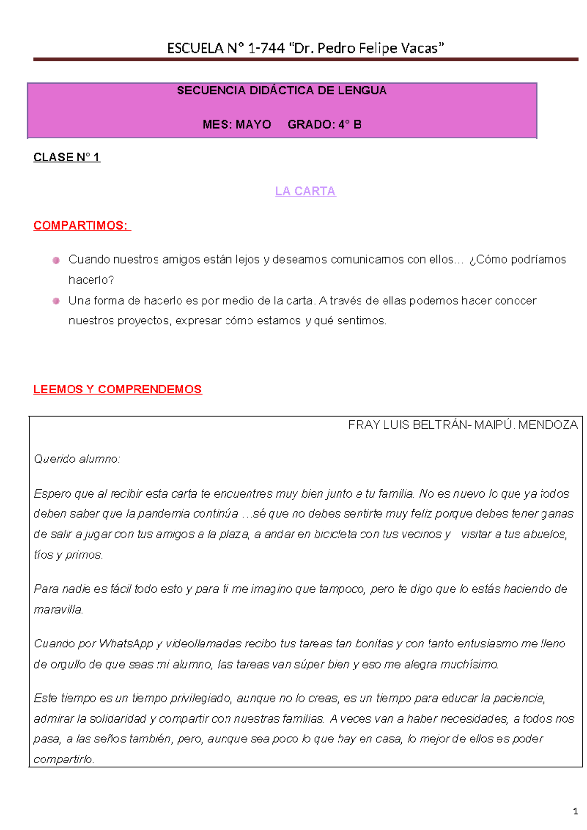 Secuencia Lengua MAYO -4TO - CLASE N° 1 LA CARTA COMPARTIMOS: Cuando ...