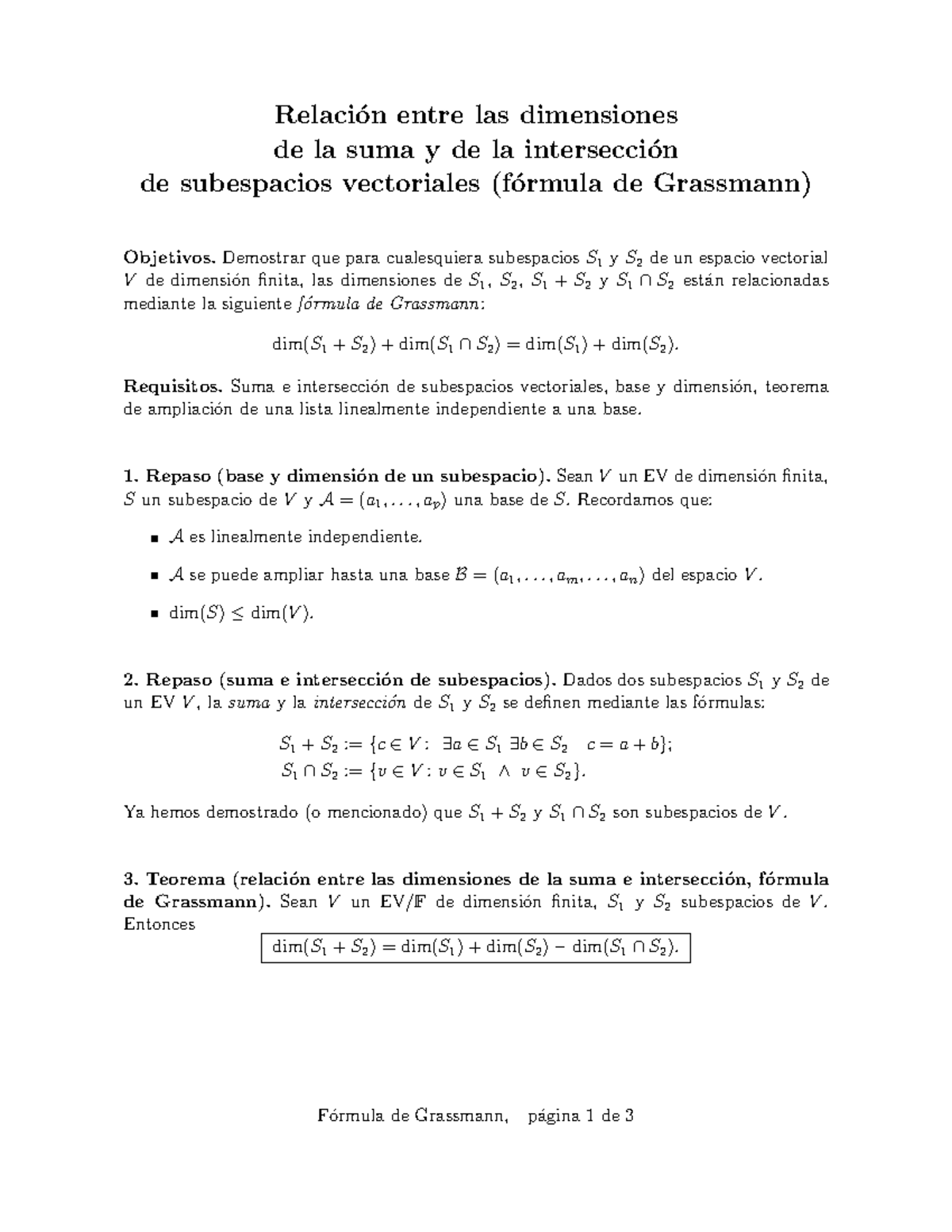 Dim sum intersection es - Relaci ́on entre las dimensiones de la suma y ...