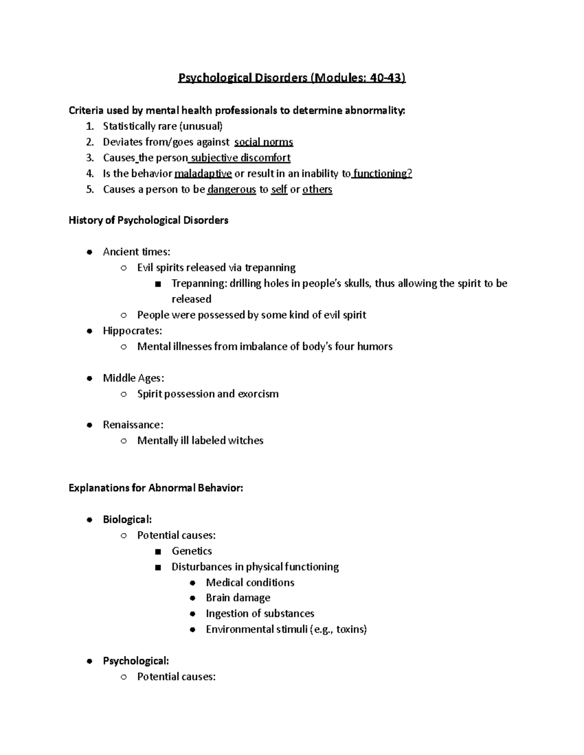 Psych section 11 - lecture notes - Psychological Disorders (Modules: 40 ...