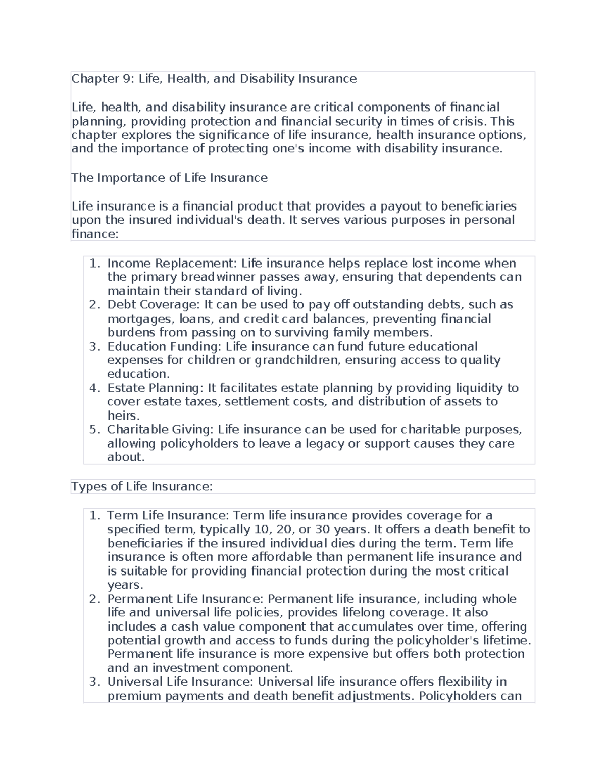 Summary - Chapter 9 - Chapter 9: Life, Health, and Disability Insurance ...