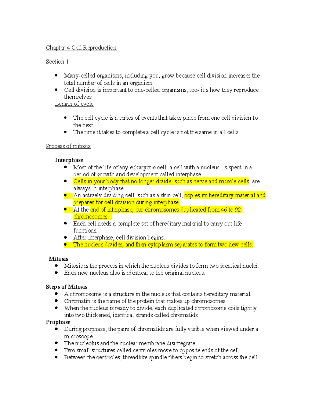 Cell Reproduction Notes - Chapter 4 Cell Reproduction Section 1 Many ...