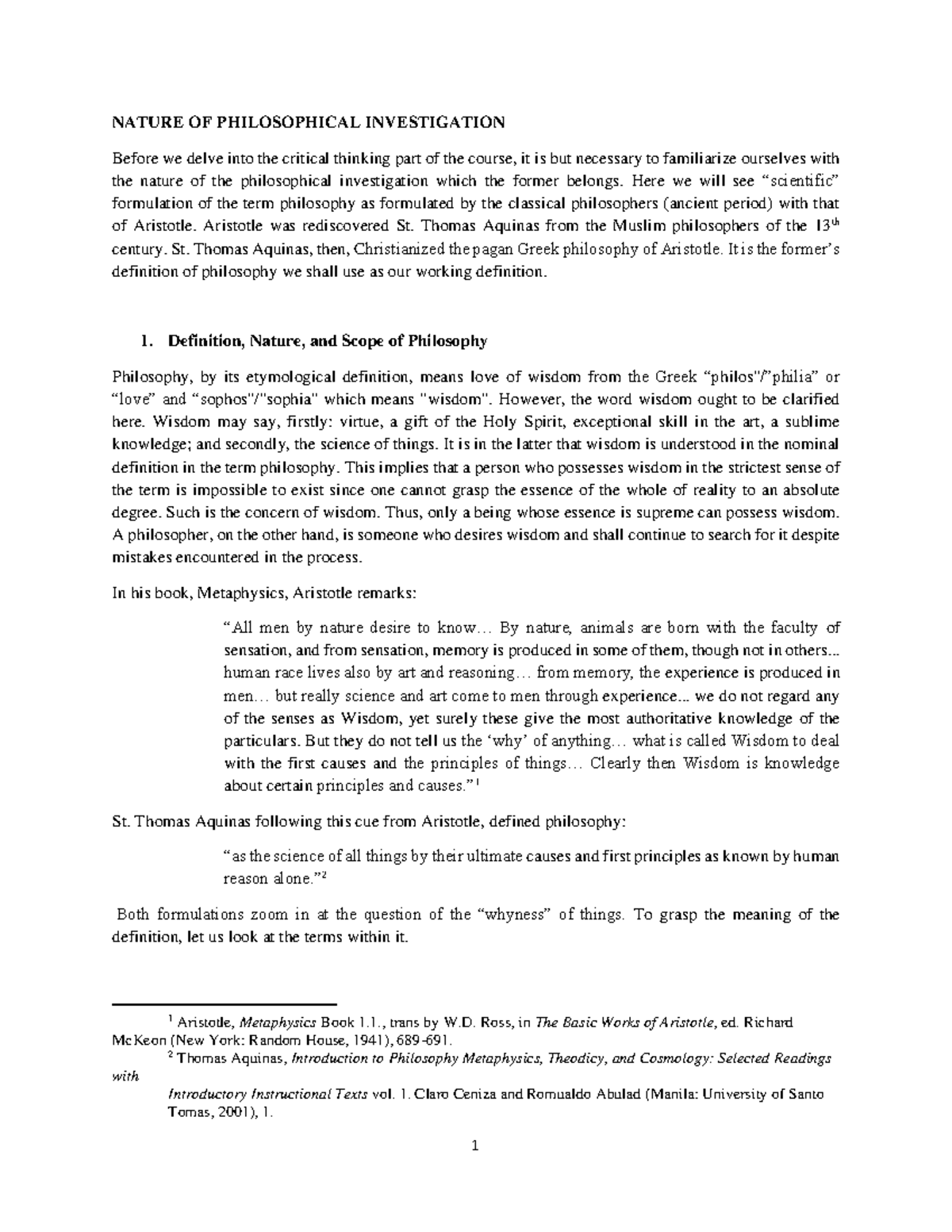 Notes on the Nature of Philosophical Inquiry - 1 NATURE OF ...