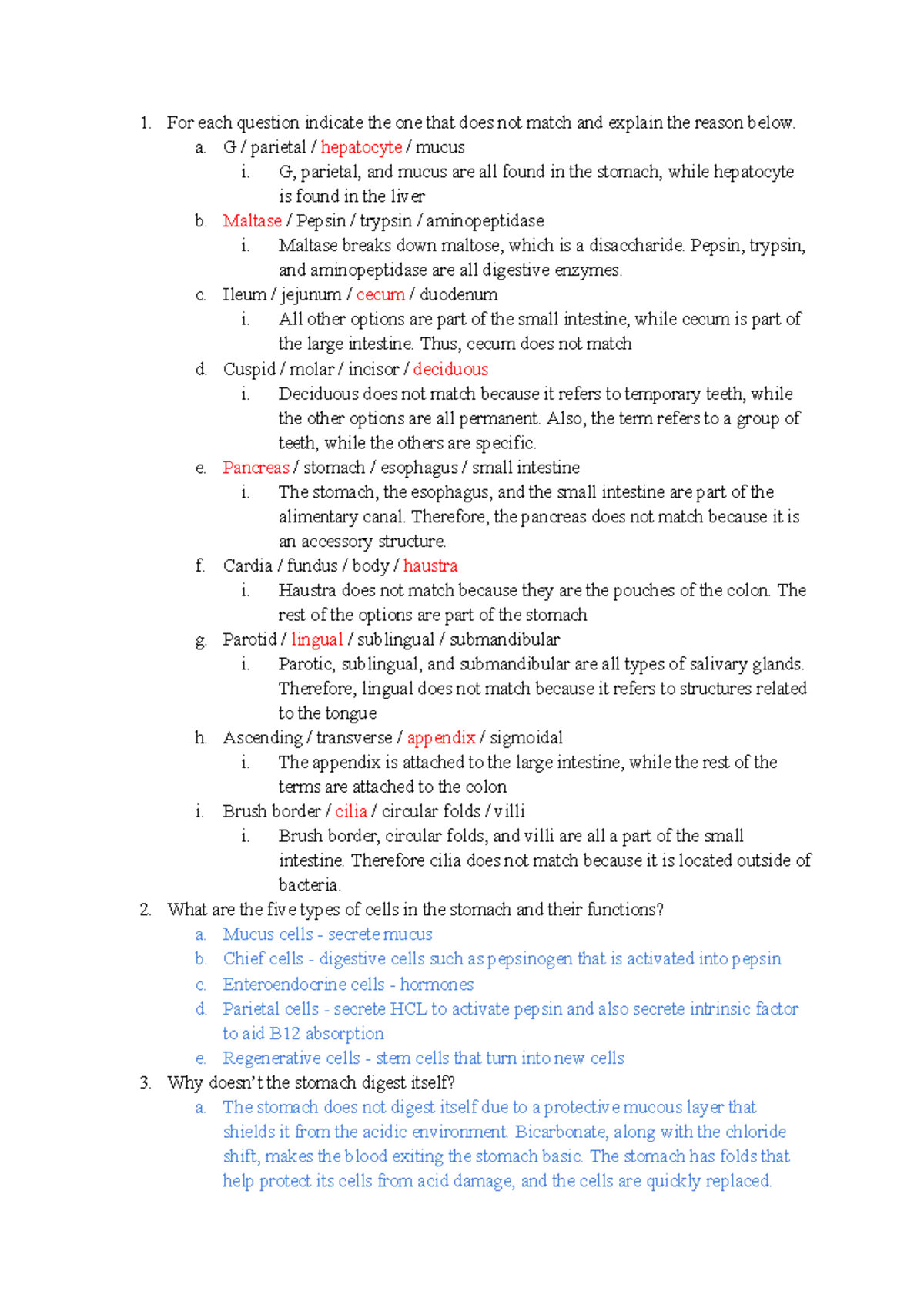 Digestive System Questions - For each question indicate the one that ...