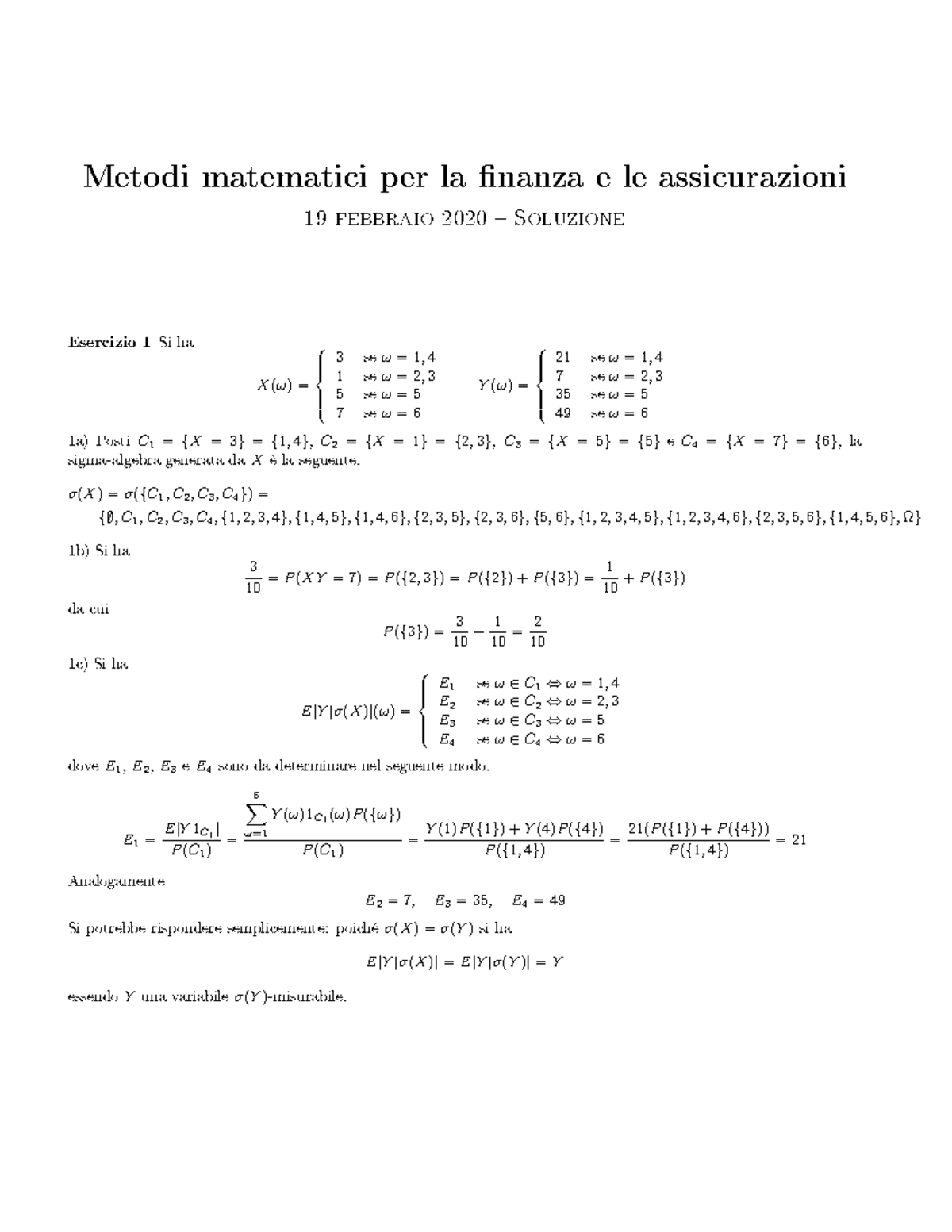 Metodi matematici per la finanza esempio di compito 1 SOLUZIONI - t♦ ♠ ...
