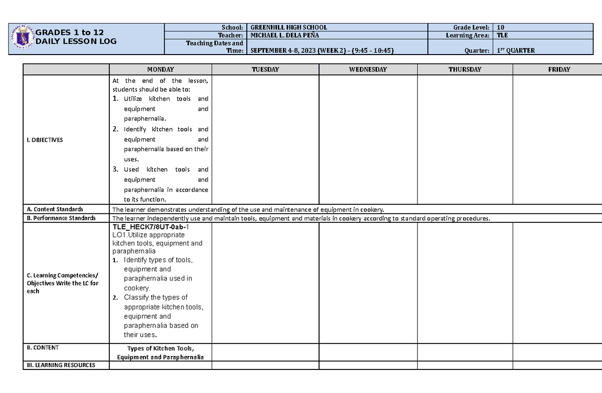 W2 - science - GRADES 1 to 12 DAILY LESSON LOG School: GREENHILL HIGH ...
