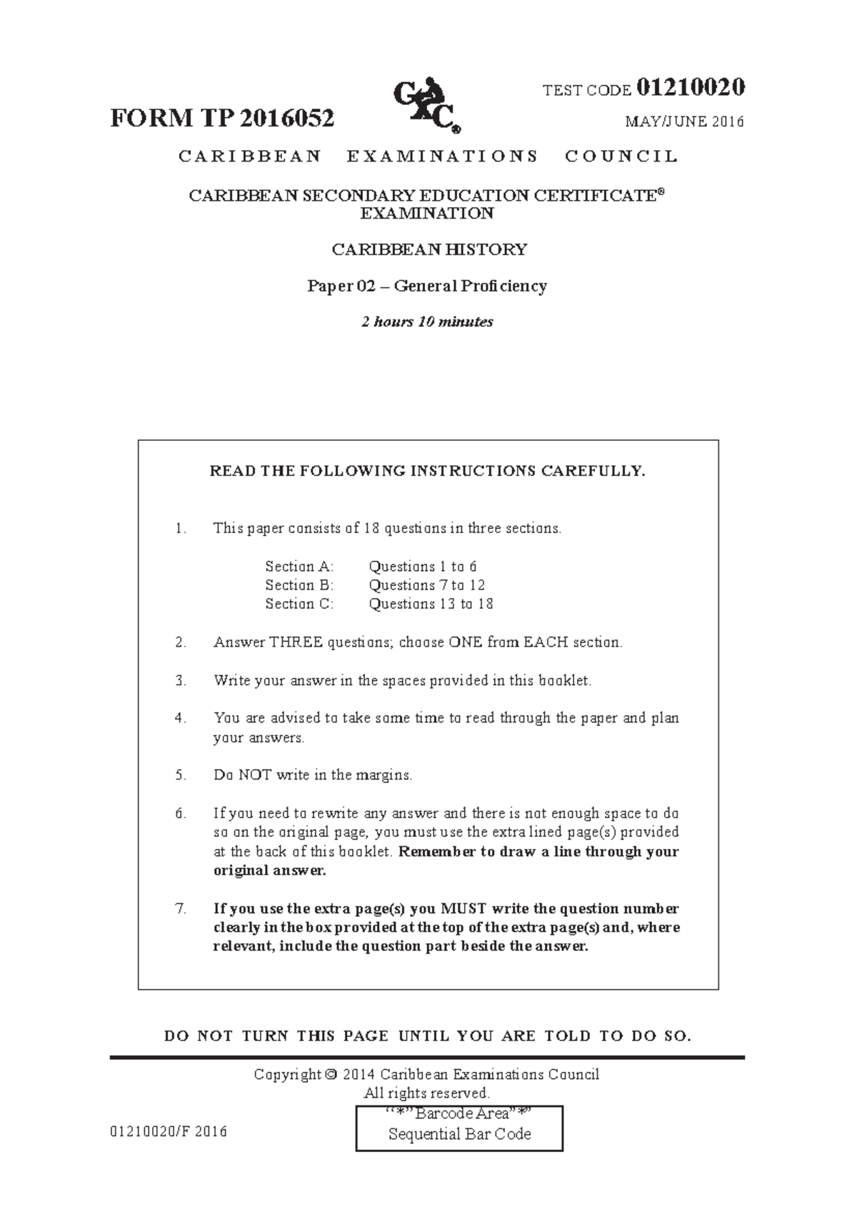 CSEC History Paper 2 Booklet (2016 - 2023) - TEST CODE 01210020 FORM TP ...