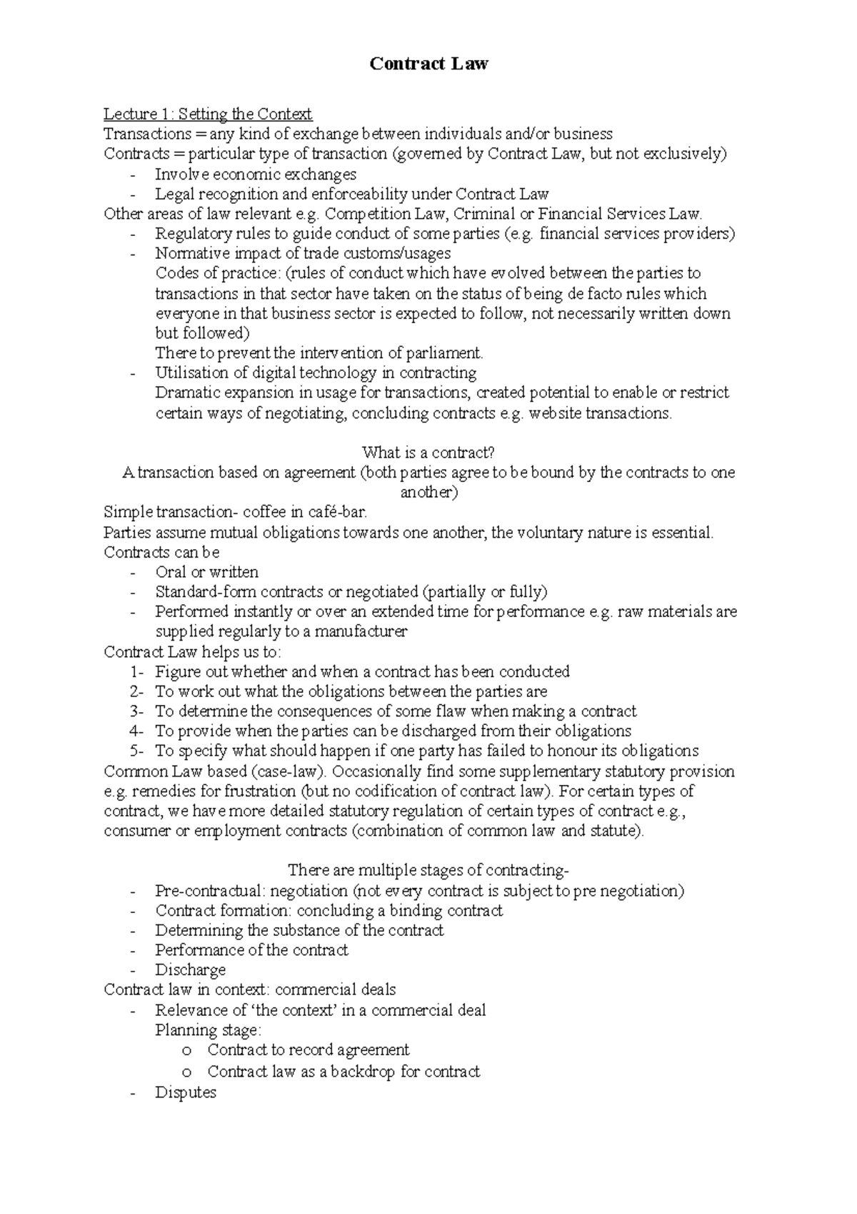 LA243 - Contract Law (Lecture notes and Case facts) - Lecture 1 ...