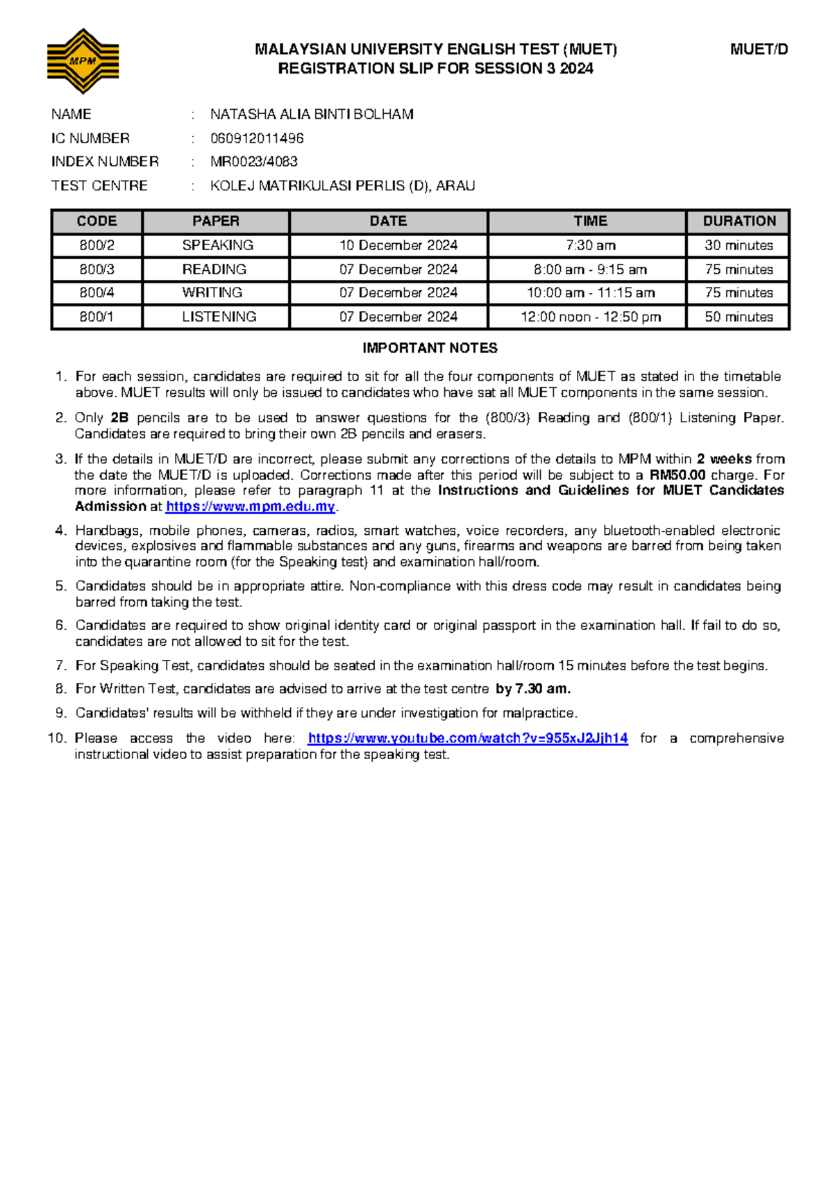 Muetd Session 3 2024 060912011 496 - MALAYSIAN UNIVERSITY ENGLISH TEST ...