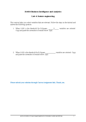 IS4834 Lab 5 - Lab - IS4834 Business Intelligence and Analytics Lab 5: linear regression This ...