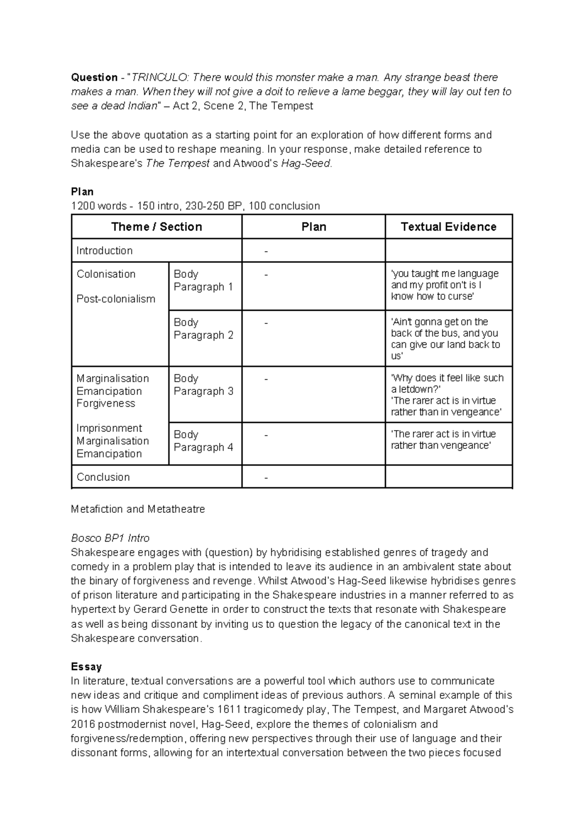 Module A Tempest and Hag-Seed Model Essay - Question - “TRINCULO: There ...
