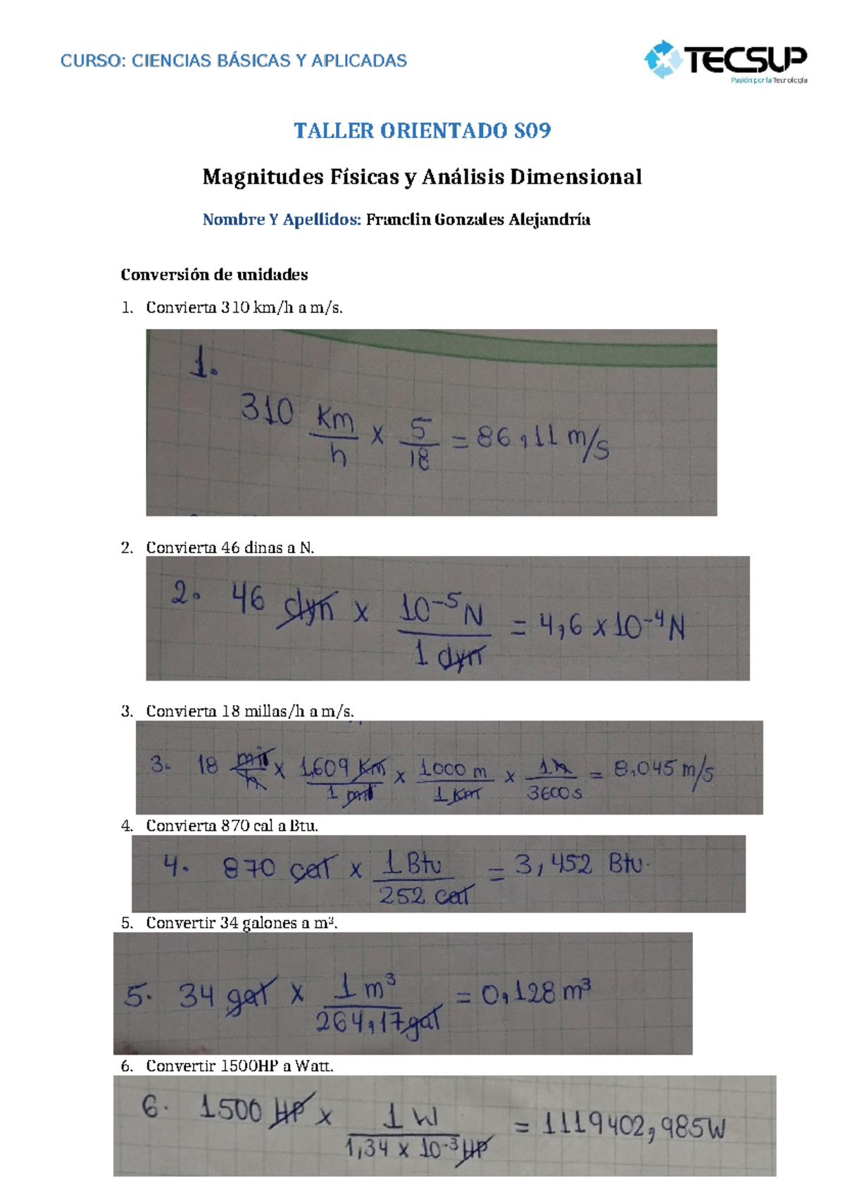 FIS Taller Orientado S09 CBA - TALLER ORIENTADO S Magnitudes Físicas y Análisis Dimensional ...