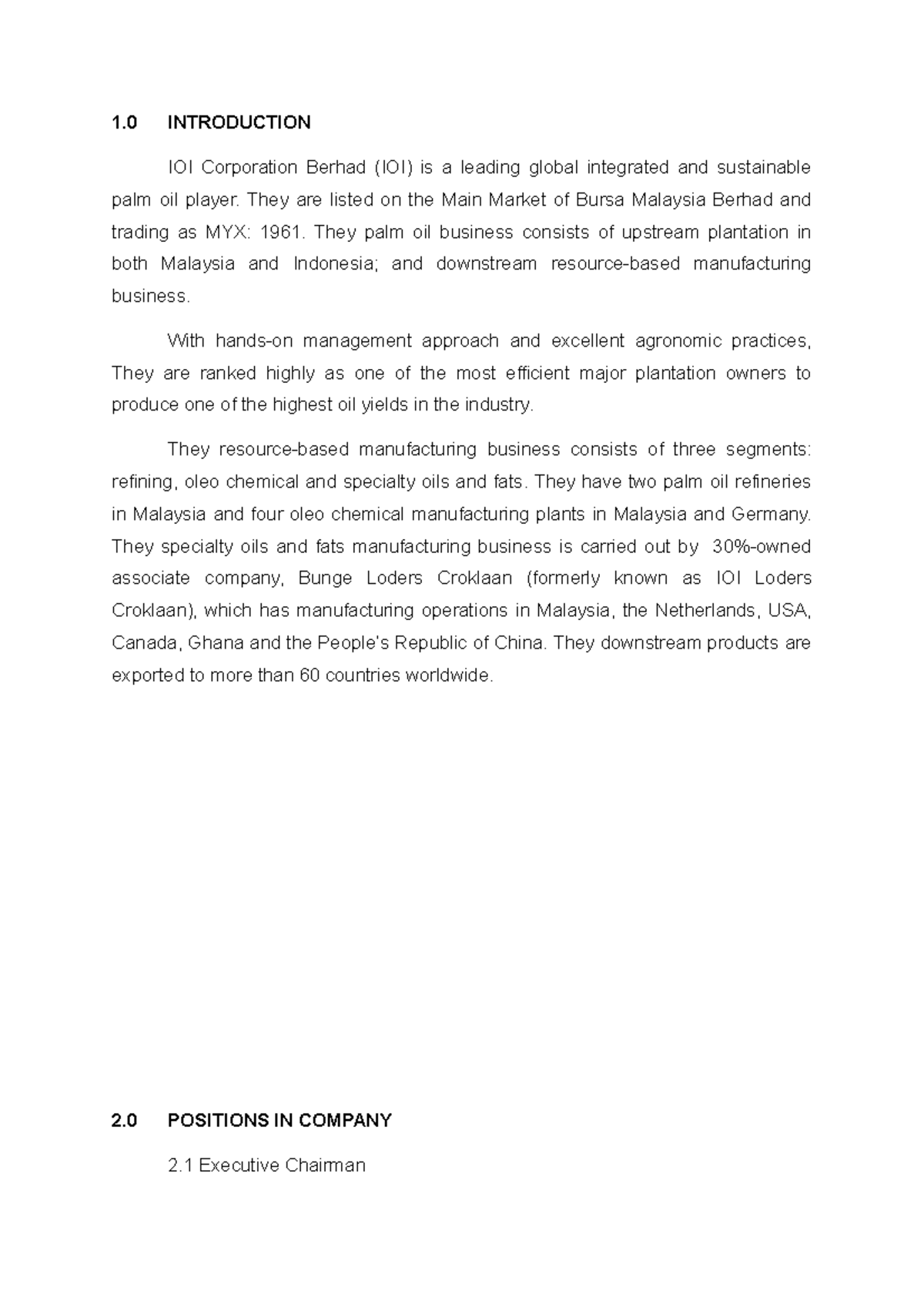 Assignment Interview Company - 1 INTRODUCTION IOI Corporation Berhad ...