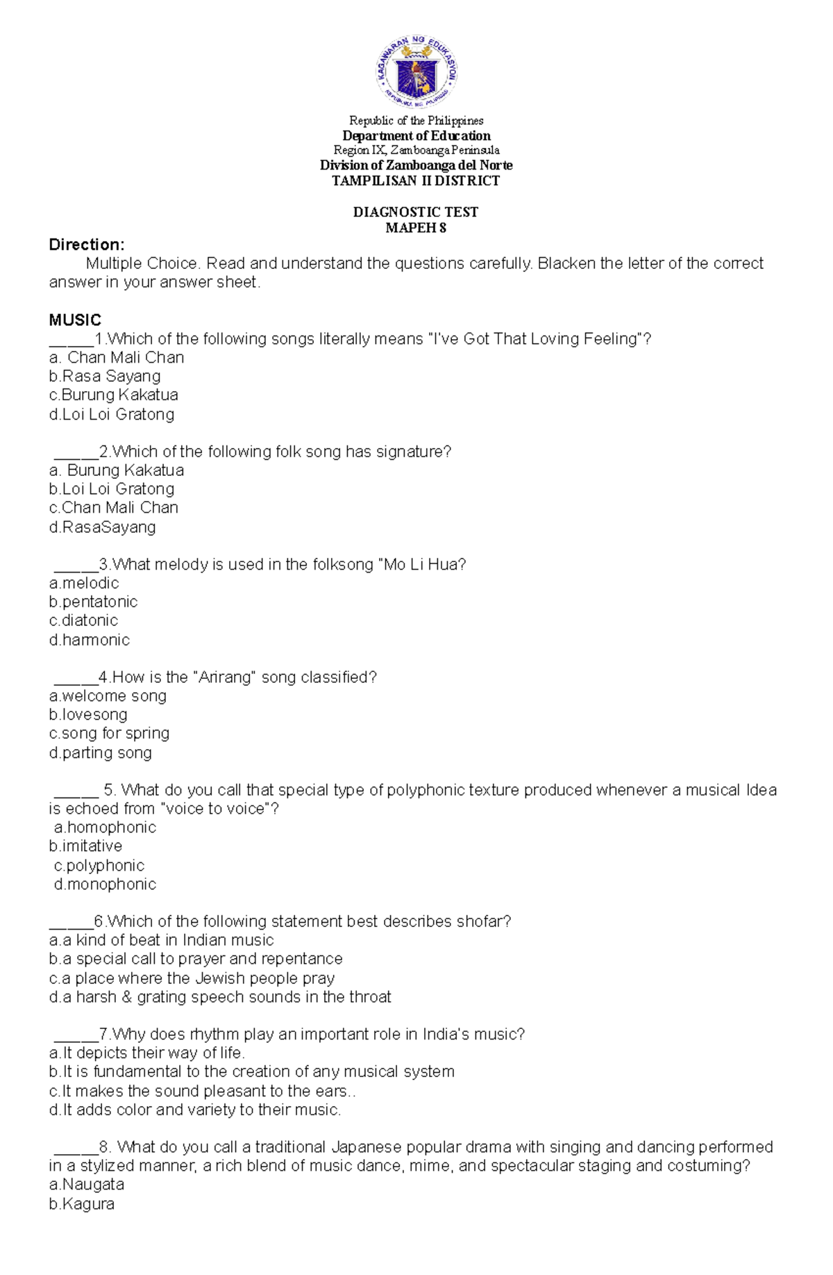Diagnostic Test Mapeh 8-1 - Republic of the Philippines Department of ...