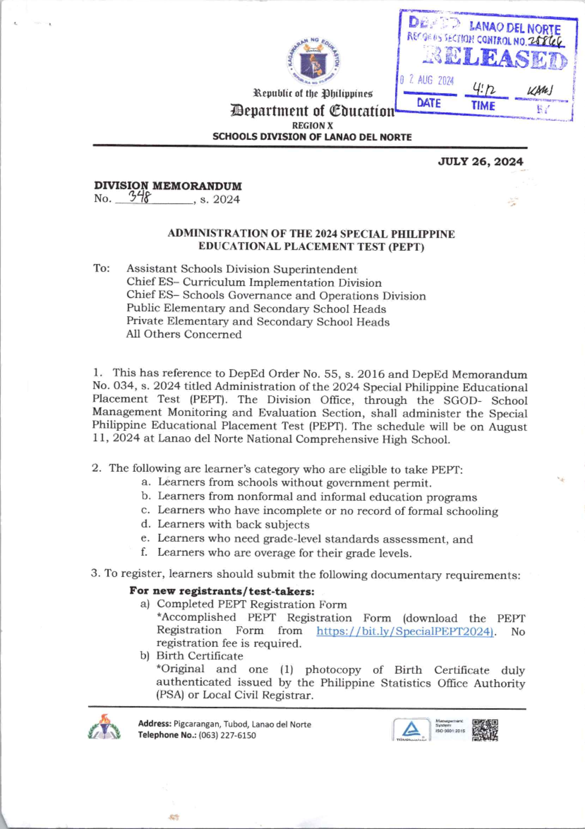 Administrative OF THE 2024 Special Philippine Educational Placement ...