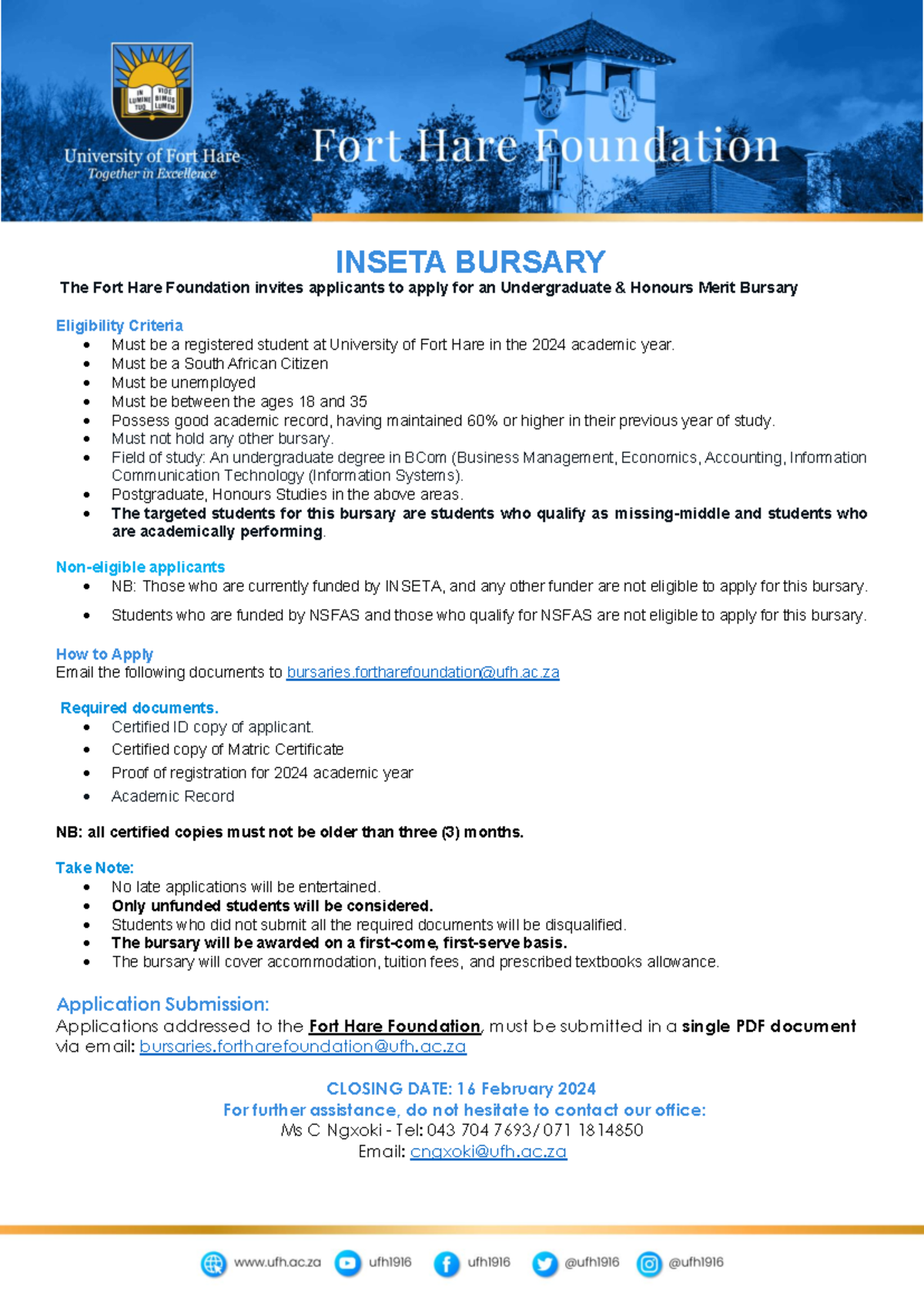 Advert FOR Inseta Bursary 2024 - INSETA BURSARY The Fort Hare ...