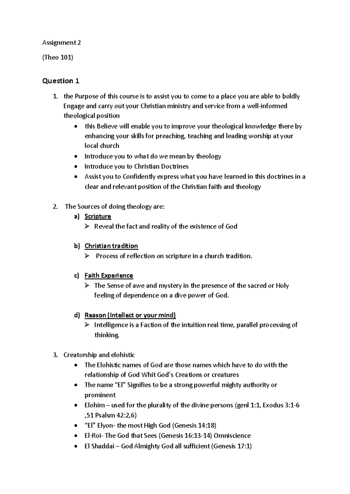 Assignment 2 - life of God - Assignment 2 (Theo 101) Question 1 1. the ...