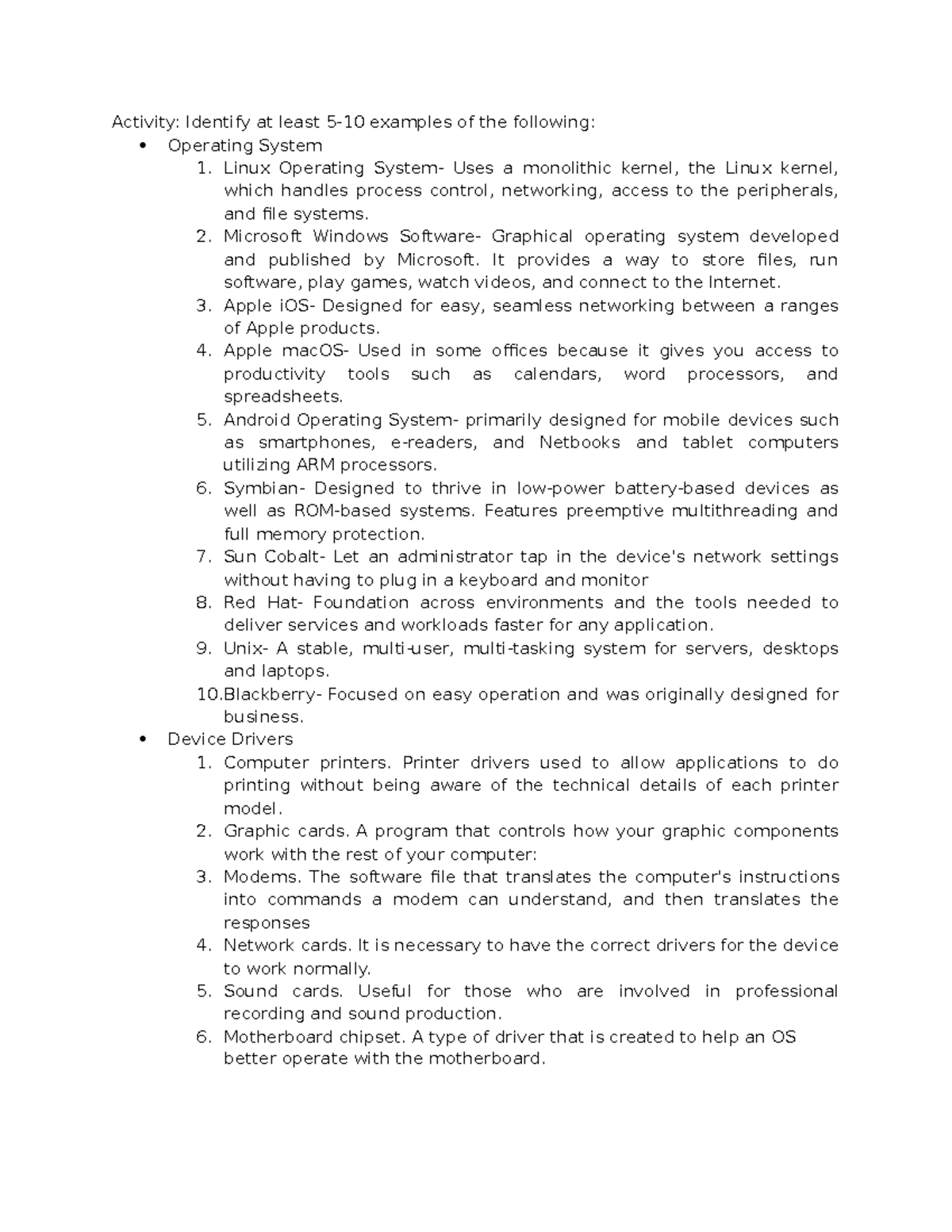 Software - Lecture notes 1,3, 10 - Activity: Identify at least 5-10 ...