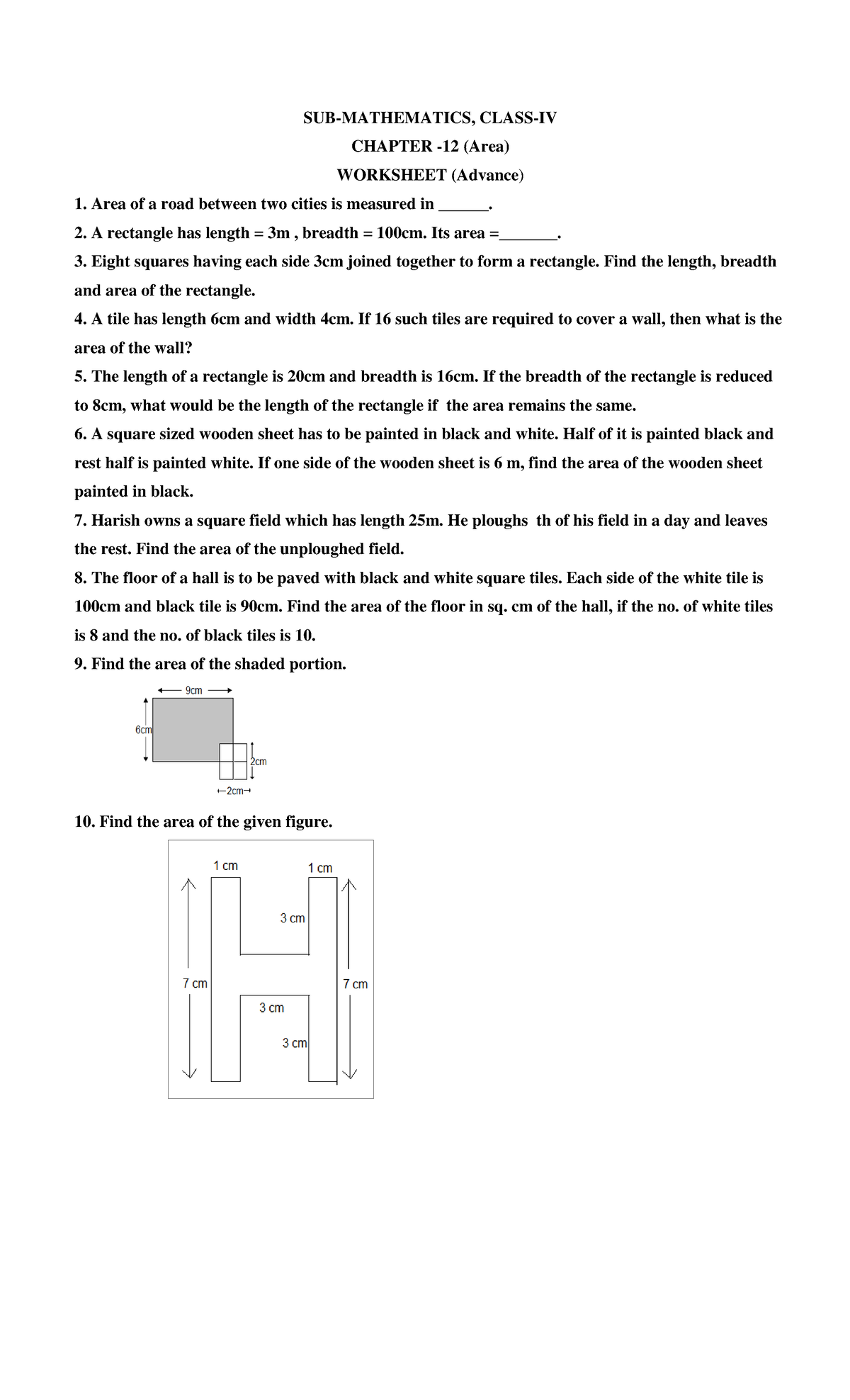 WS CH12 Area Advance - WORKSHEET OF MATHS ABOUT AREA - SUB-MATHEMATICS, CLASS-IV CHAPTER -12 ...