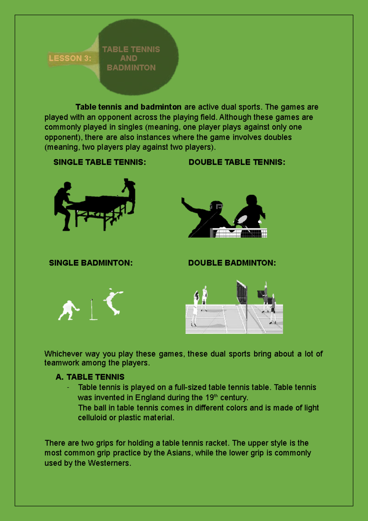 Table Tennis AND Badminton - TABLE TENNIS LESSON 3: AND BADMINTON Table ...