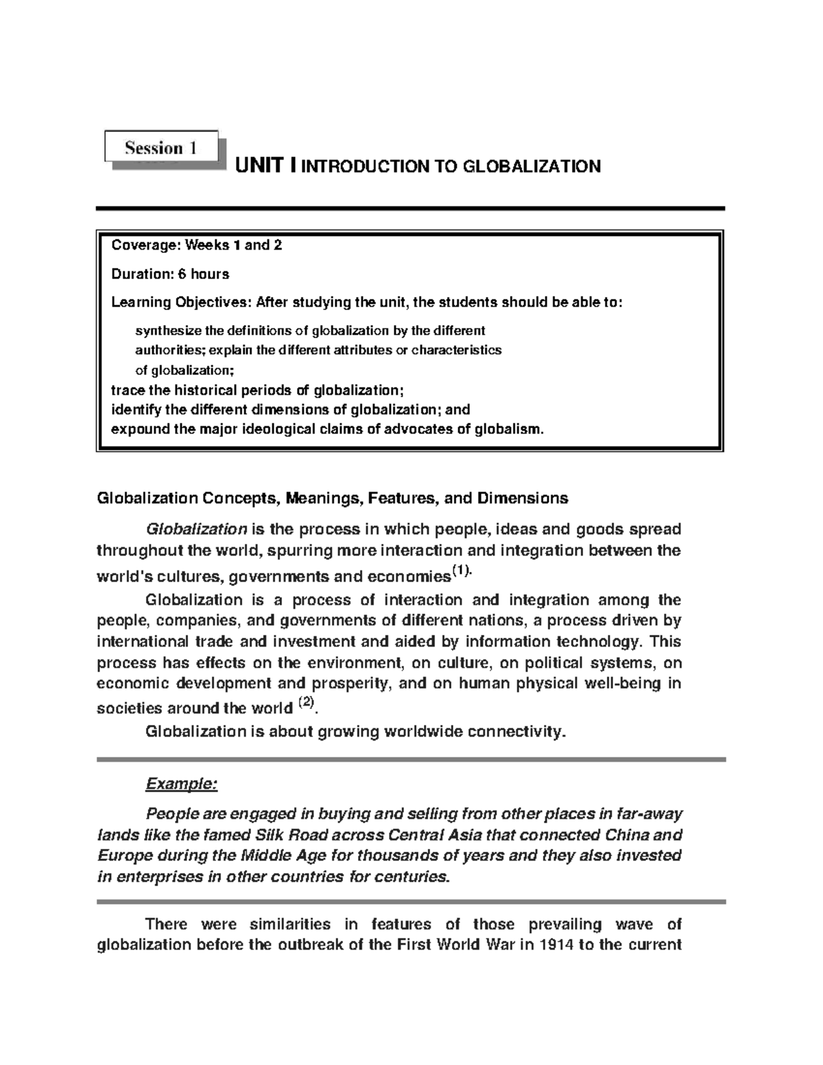 Lesson One - Introduction to Globalization - UNIT I INTRODUCTION TO GLOBALIZATION Coverage ...