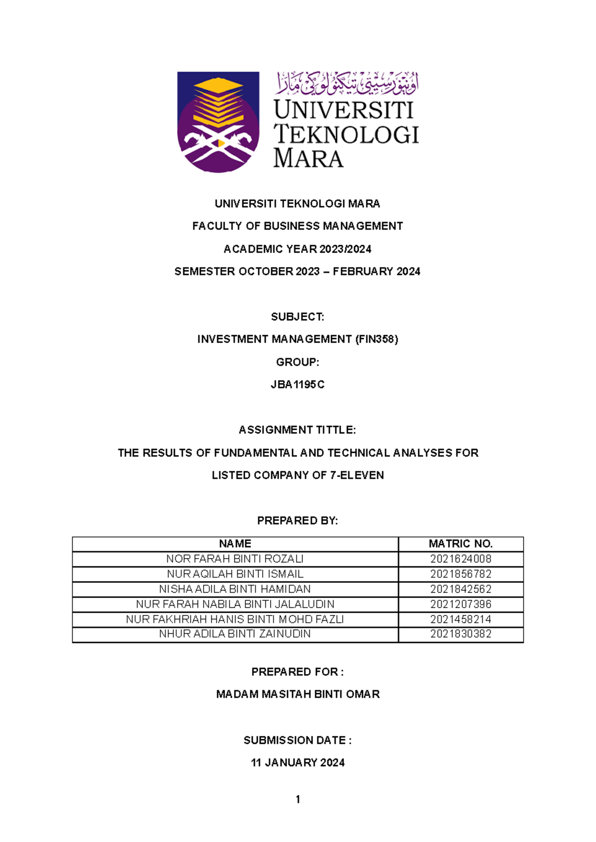 FIN358 GP Assignment Report - UNIVERSITI TEKNOLOGI MARA FACULTY OF ...