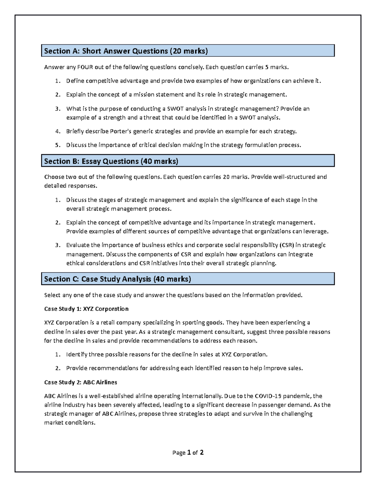 SM Sample EXAM - Section A: Short Answer Questions (20 marks) Answer ...
