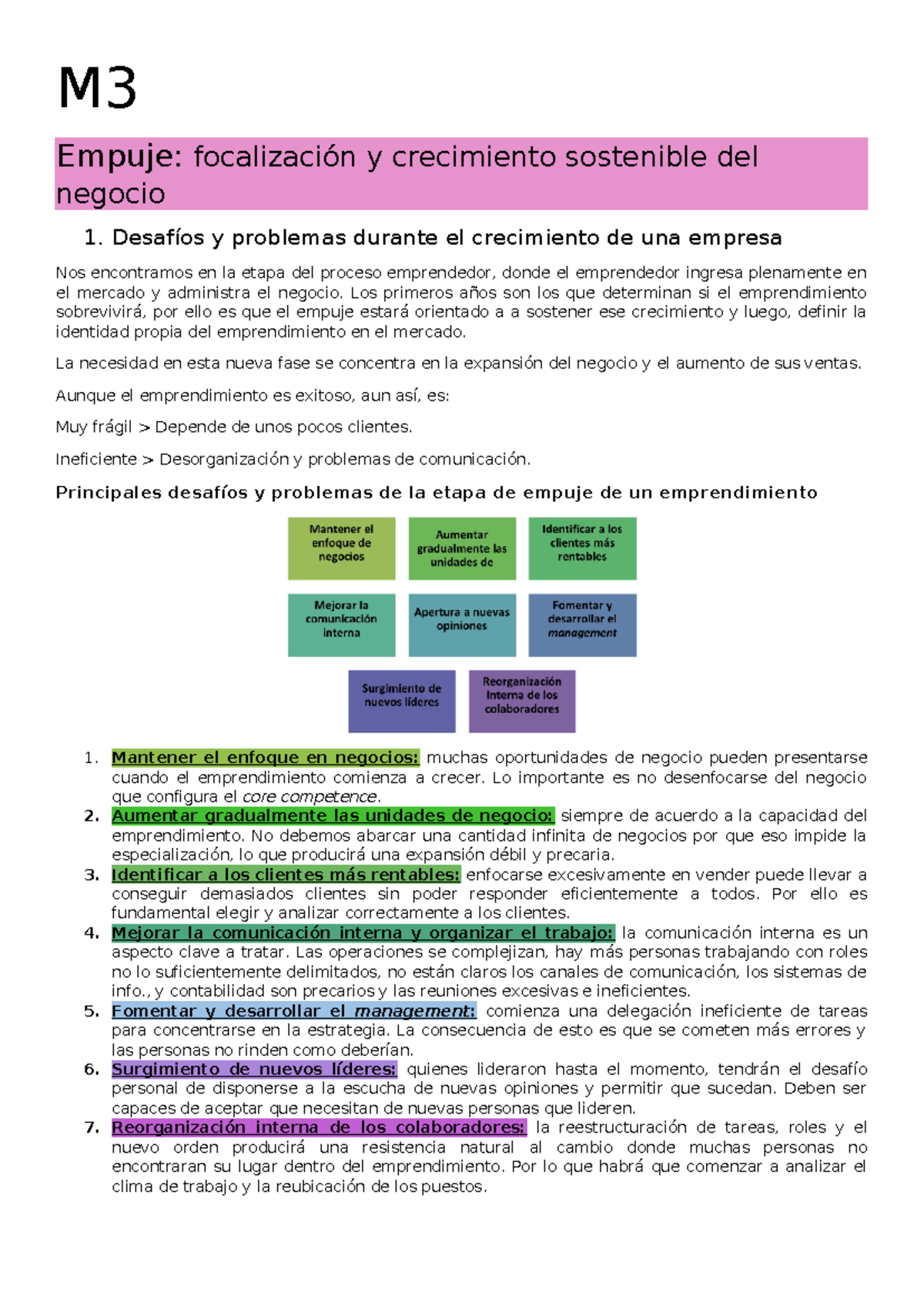 Resumen M3 y M4 - Desarrollo Emprendedor - M Empuje: focalización y crecimiento sostenible del ...
