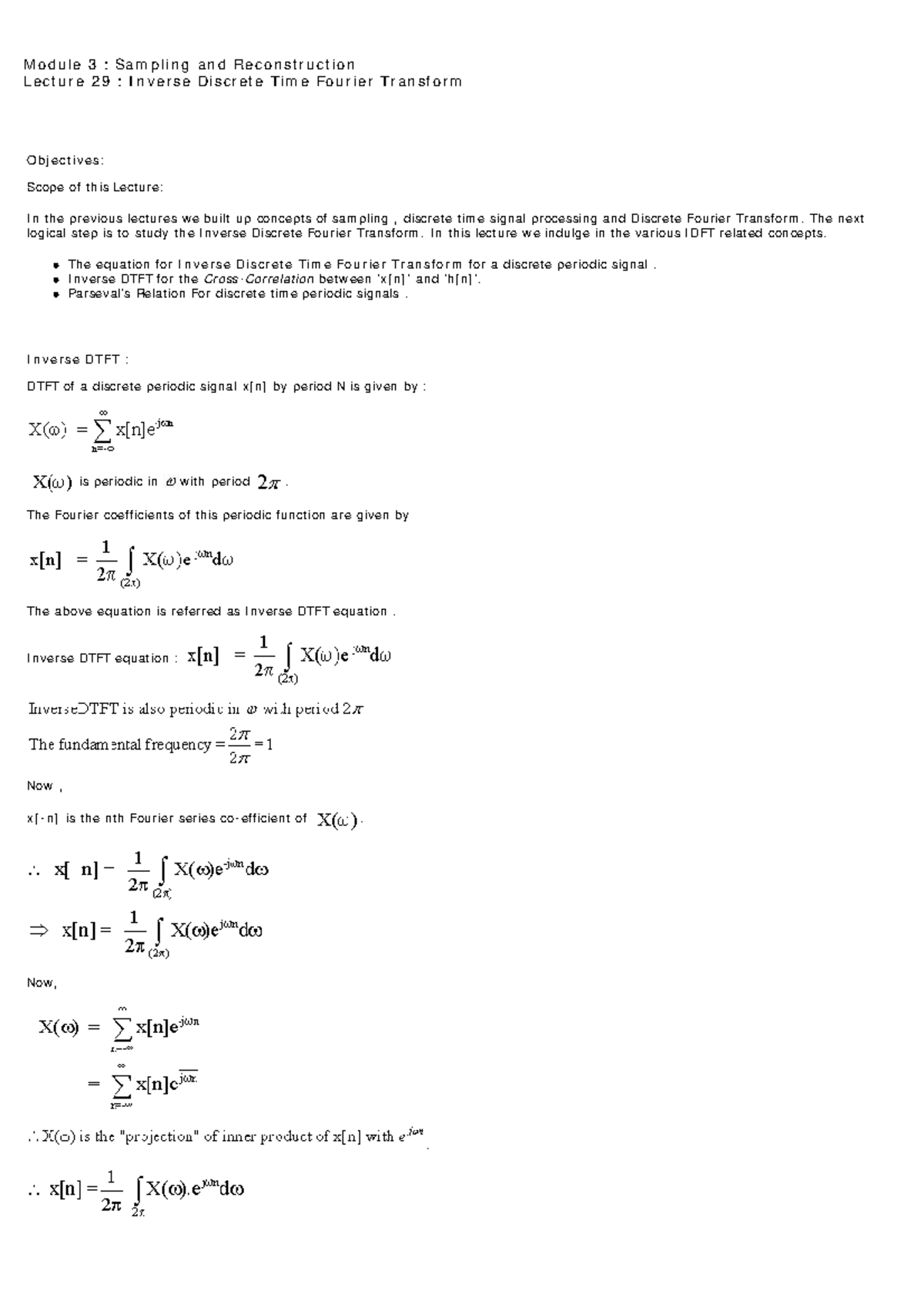 Inverse Discrete Time Fourier Transform - M odu le 3 : Sa m plin g a n ...